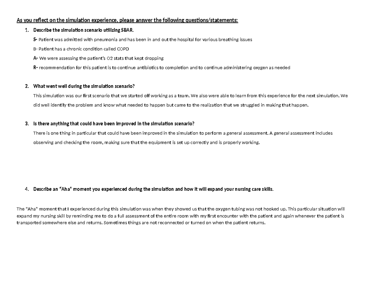 Respiratory Care Simulation Reflection: Key Learnings and Ahas - Studocu