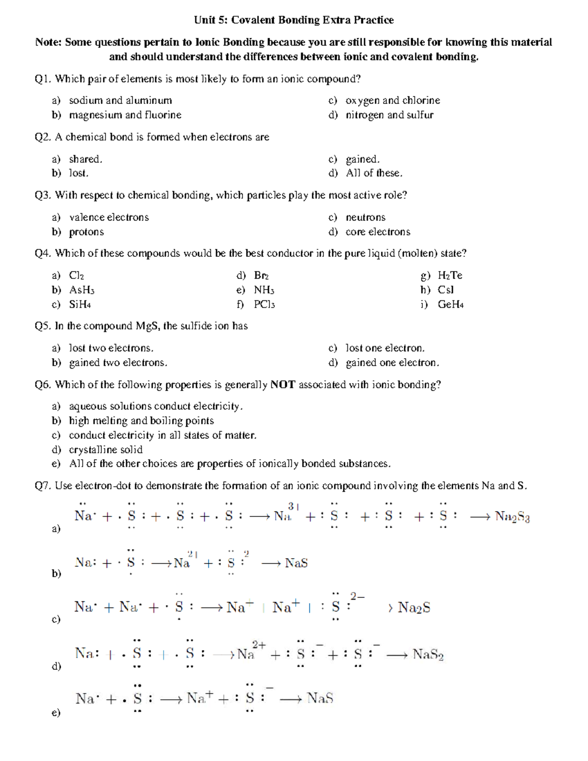 Covalent Bonding Extra Practice (Unit 5) with Ionic Bonding Insights ...