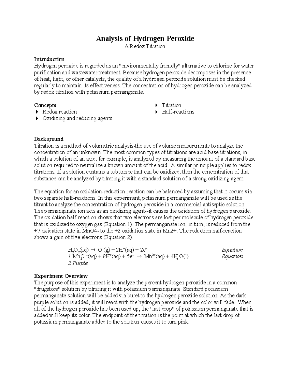 Hydrogen Peroxide Analysis via Redox Titration: Procedure & Results ...