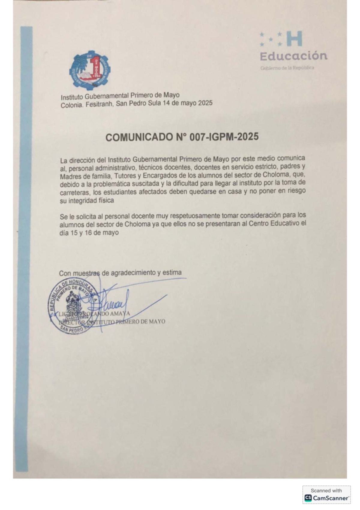 Comunicado Importante del Instituto Gubernamental Primero de Mayo - Studocu