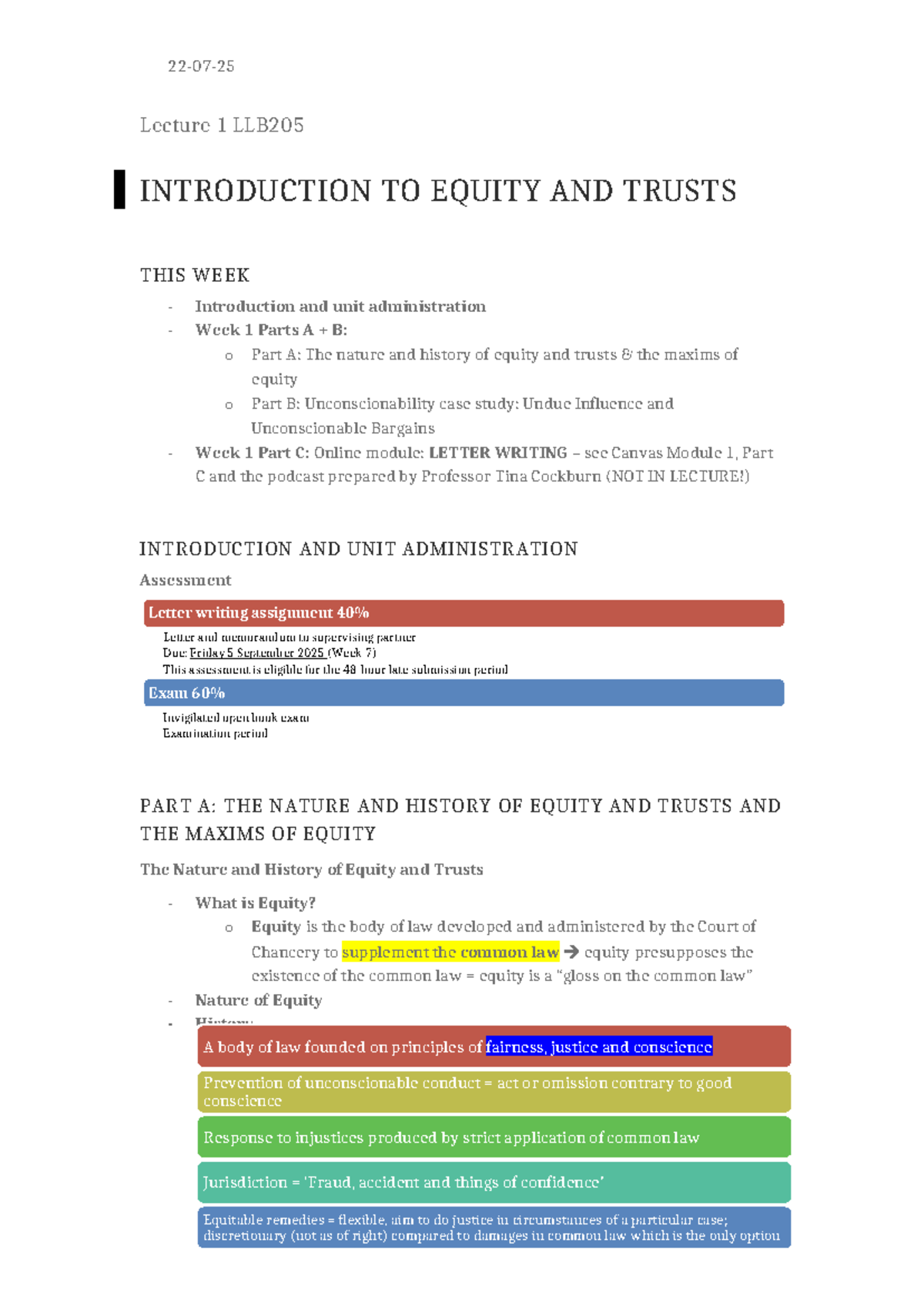 Lecture 1 LLB205: Intro to Equity & Trusts - Week 1 Overview - Studocu