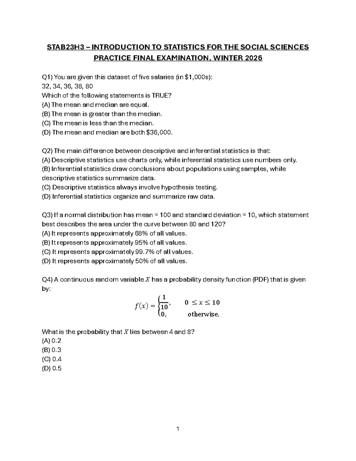 STAB23H3 INTRODUCTION TO STATISTICS FOR SOCIAL SCIENCES PRACTICE FINAL ...