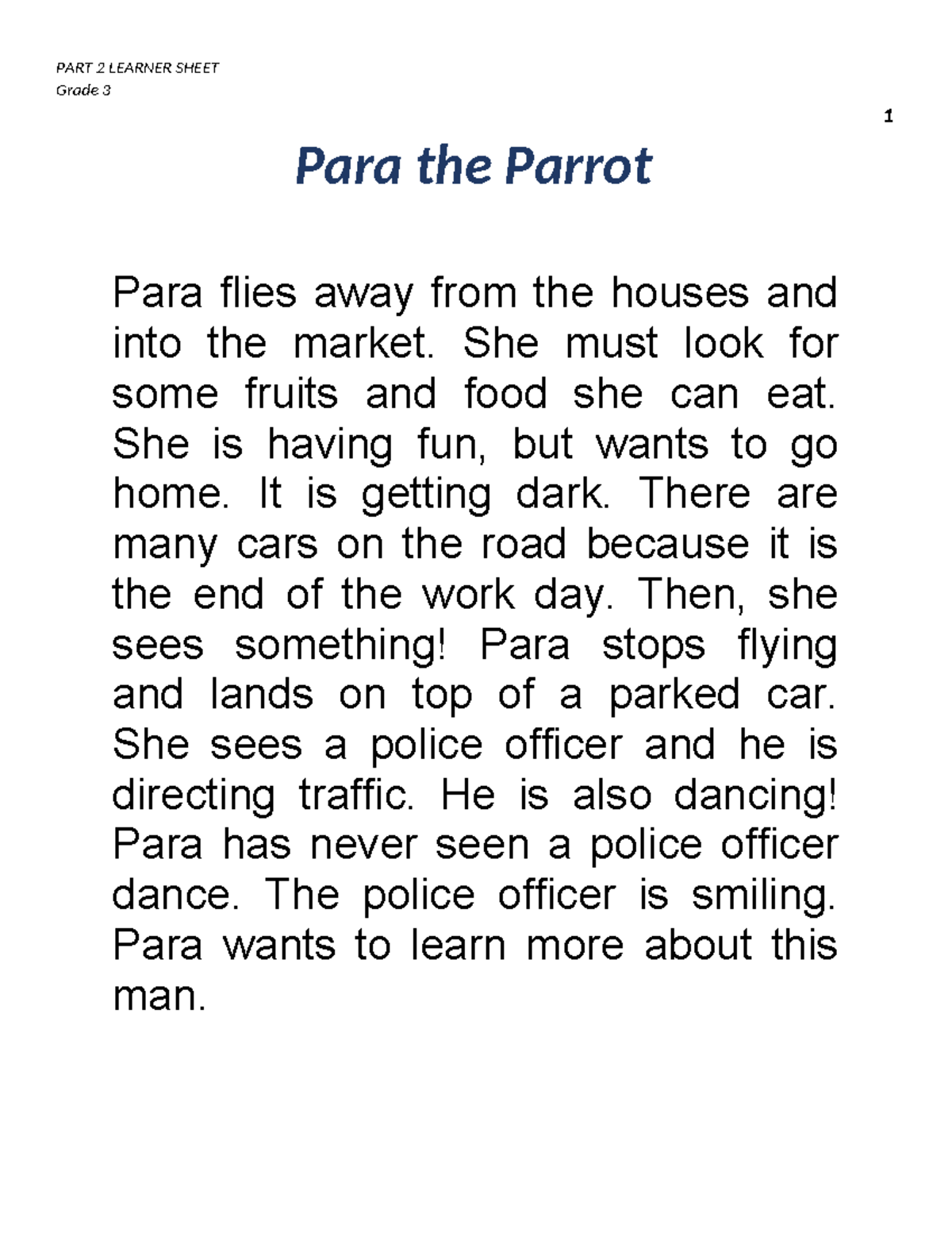CRLA Grade 3 Learner Sheet: Stories of Para, Dulnuwan, and Bayaning ...