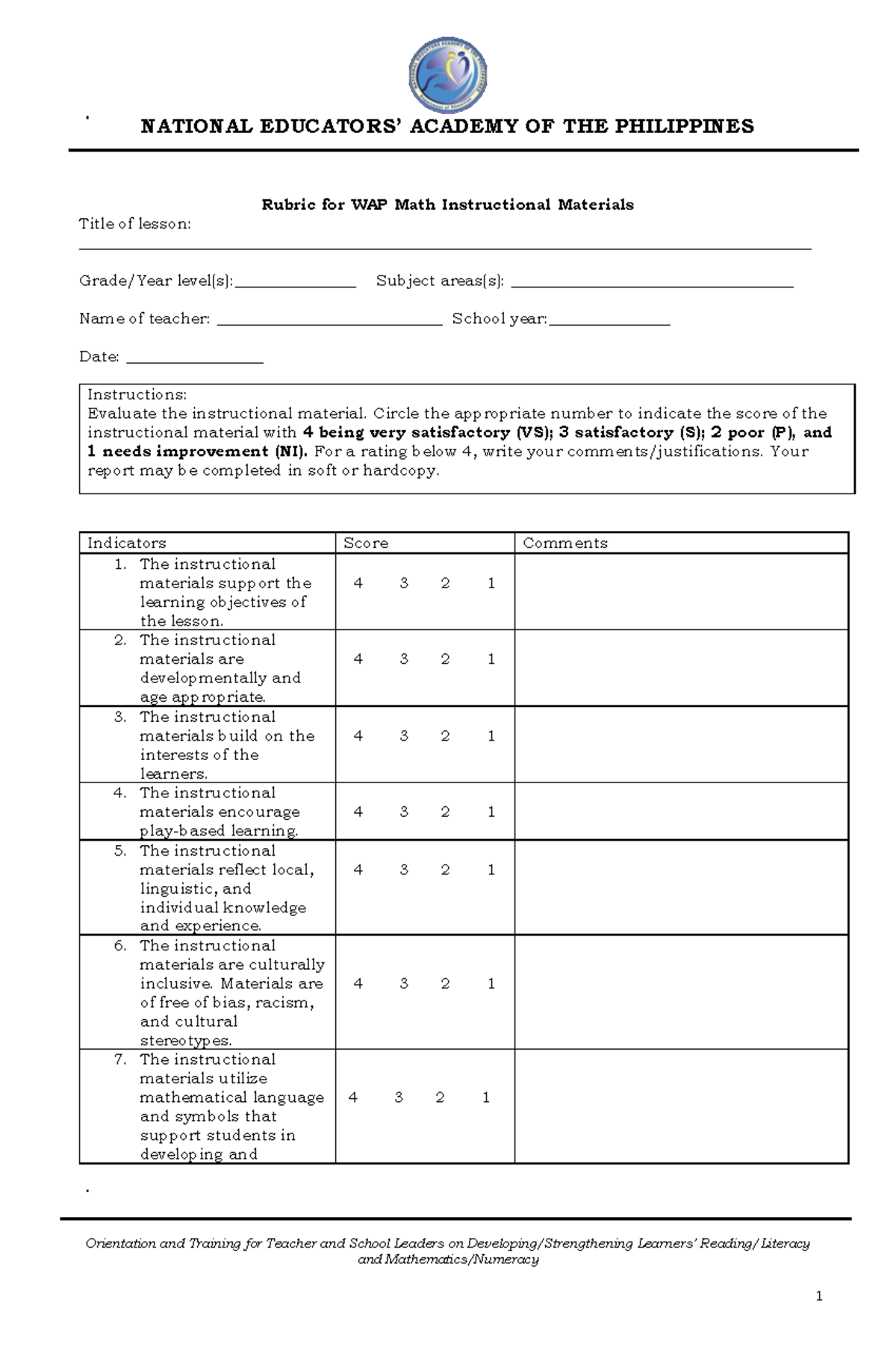 Teacep WAP-Literacy & Numeracy - Instructional materials rubric ...