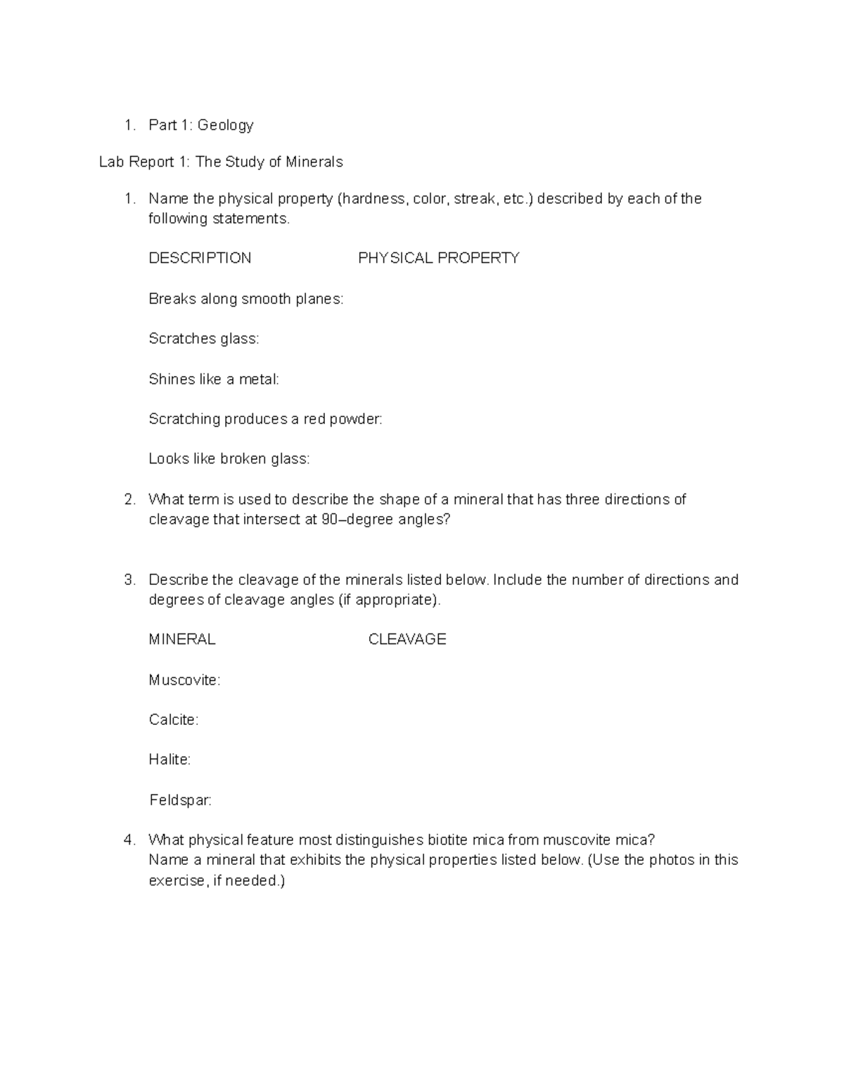 Geology Lab Report 1: Analyzing Physical Properties of Minerals - Studocu