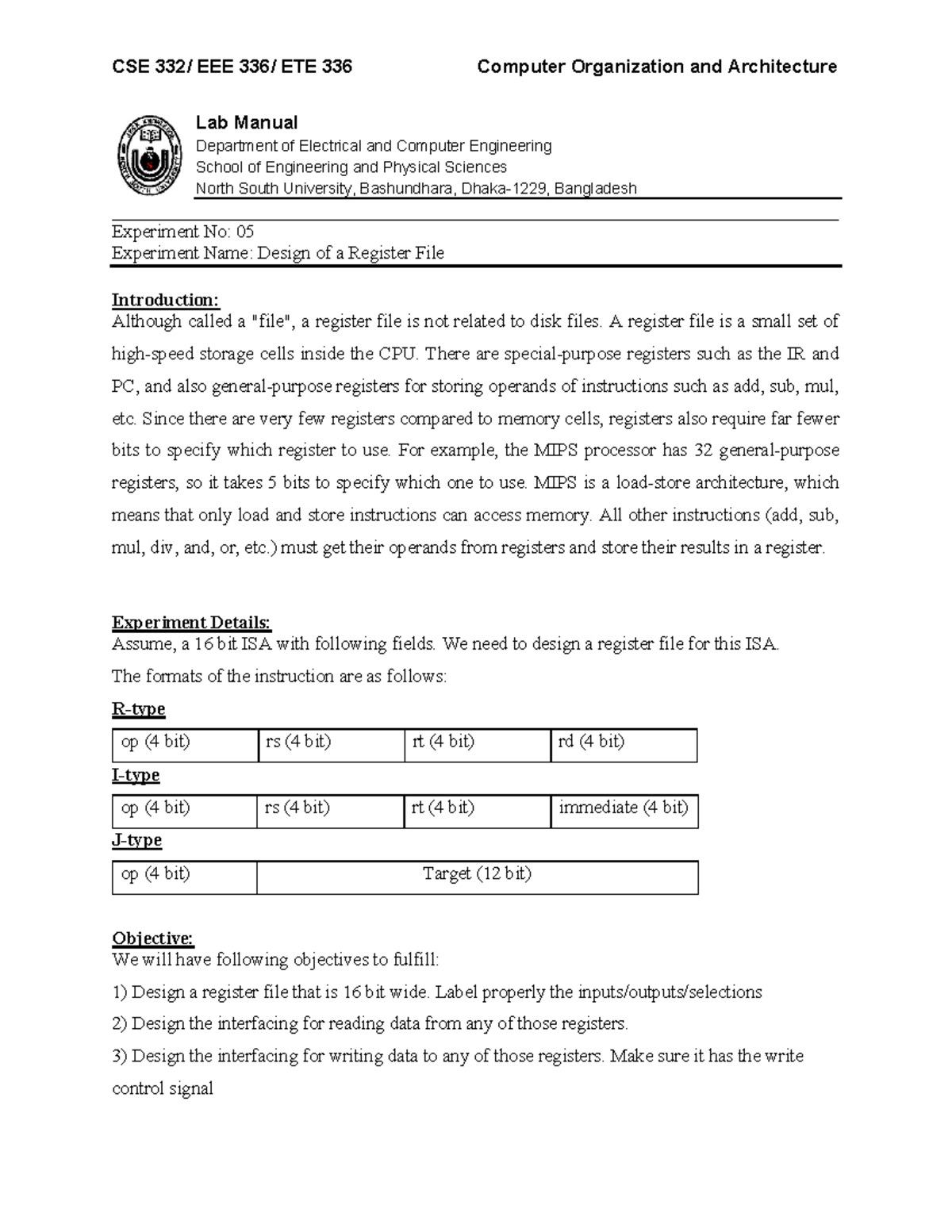 CSE 332/EEE 336 Register File Design Lab Manual - Experiment 05 - Studocu