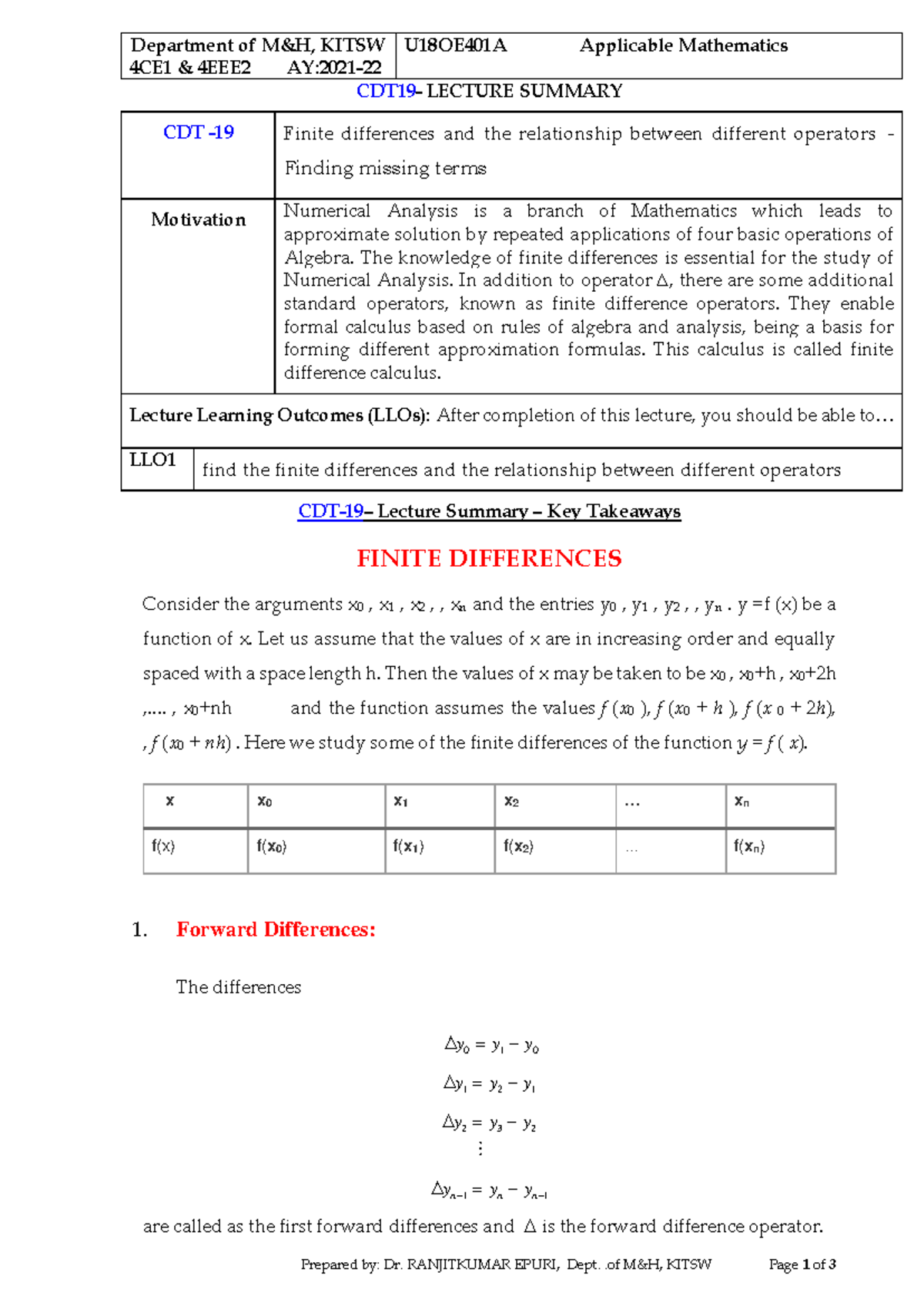 Finding missing terms and difference operators - Department of M&H ...