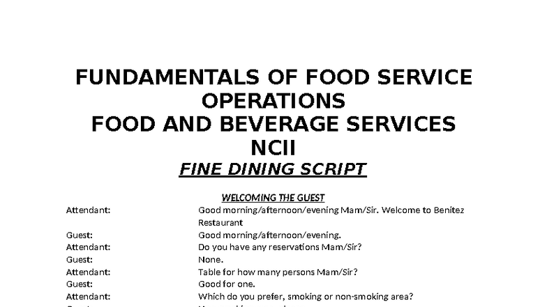 FFSO-FBS-NCII - Fine Dining Service Script and Room Service Guide - Studocu