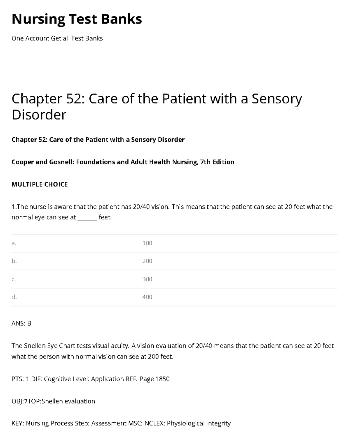 Foundations of Nursing 8th Edition Cooper Test Bank Chapter 31 - Studocu