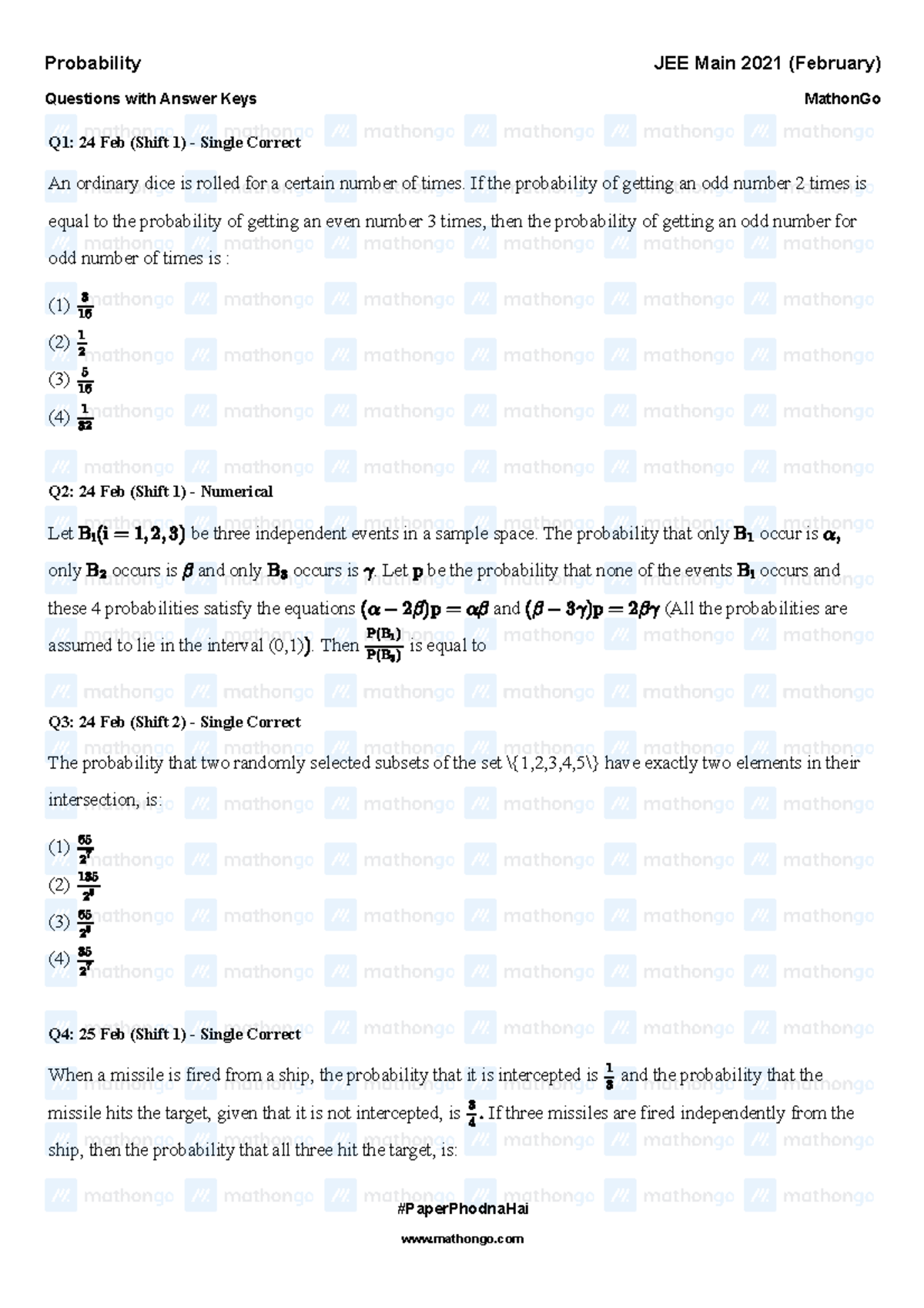 Probability JEE Main 2021 (Feb) Questions & Answer Keys - MathonGo ...