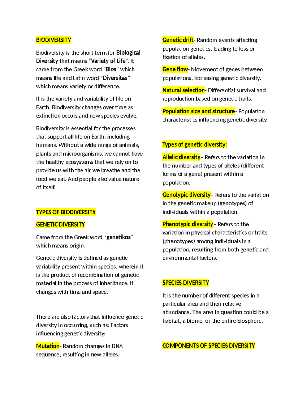 Final-STS - notes - BIODIVERSITY Biodiversity is the short term for ...