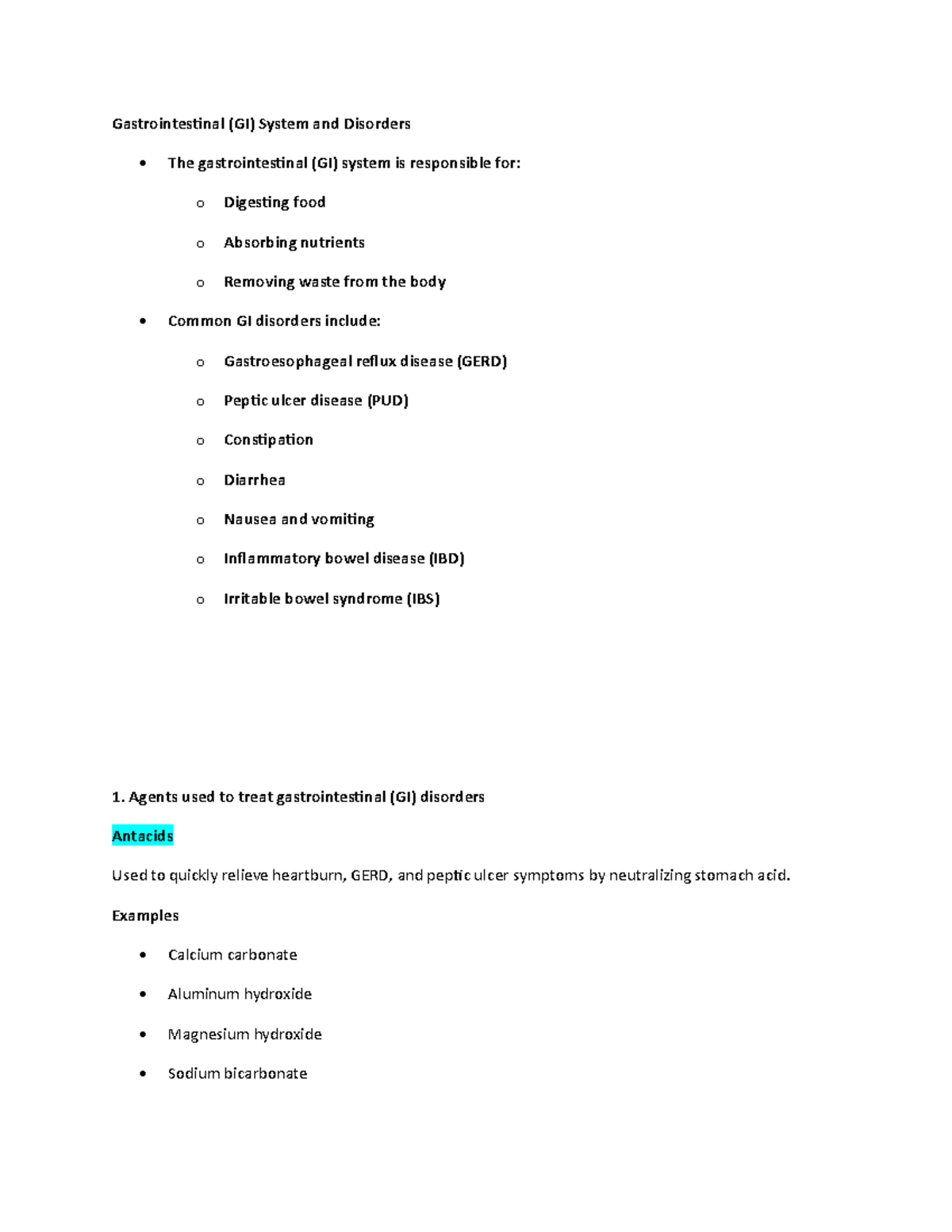 GI System Disorders and Treatment Overview - Studocu
