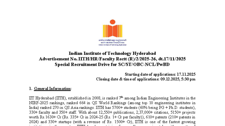 IITH Faculty Recruitment Advertisement - Special Drive Nov 2025 - Studocu