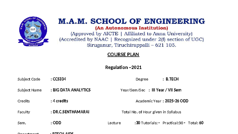 BTECH.AIDS CCS334 Big Data Analytics Course Plan - Odd Sem - Studocu
