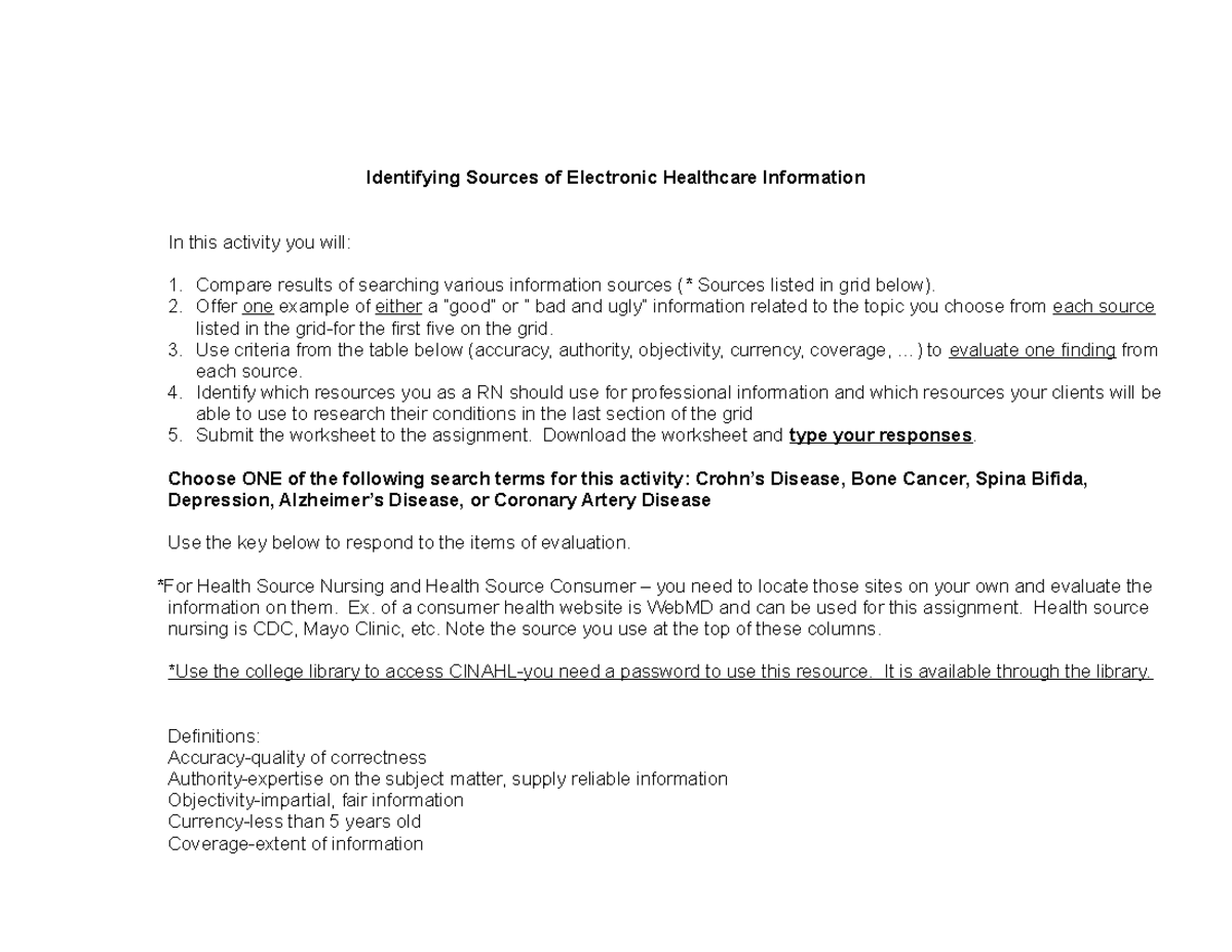 Health Worksheet 2022 - Evaluating Healthcare Info Sources - Studocu