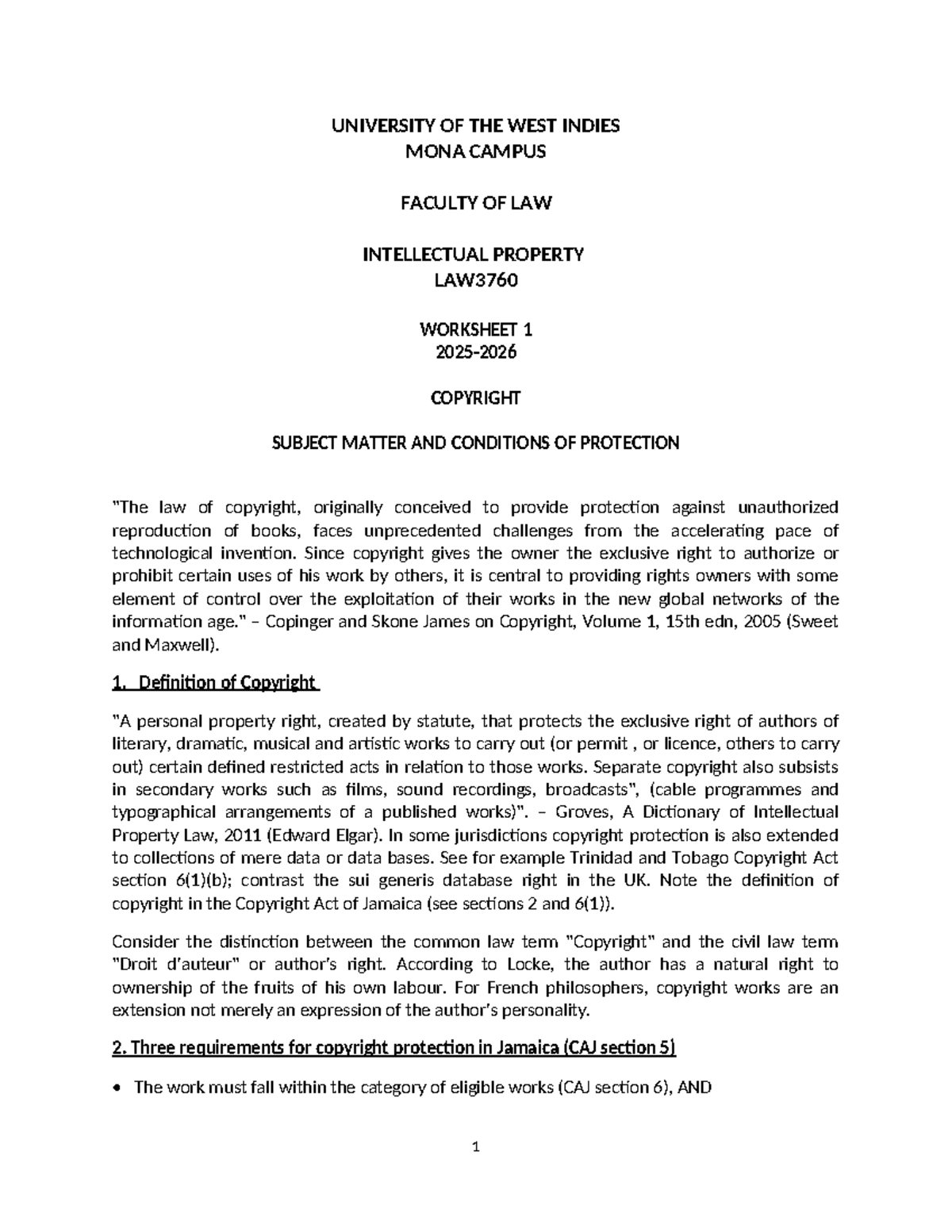 LAW3760 - Intellectual Property Worksheet 1: Copyright Protection ...