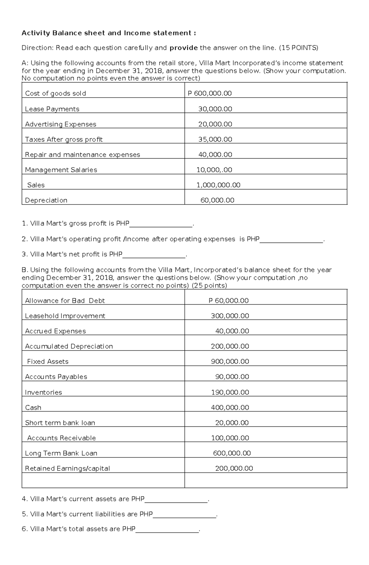FABM 2 QUIZ: Income & Balance Sheet Analysis for Villa Mart - Studocu