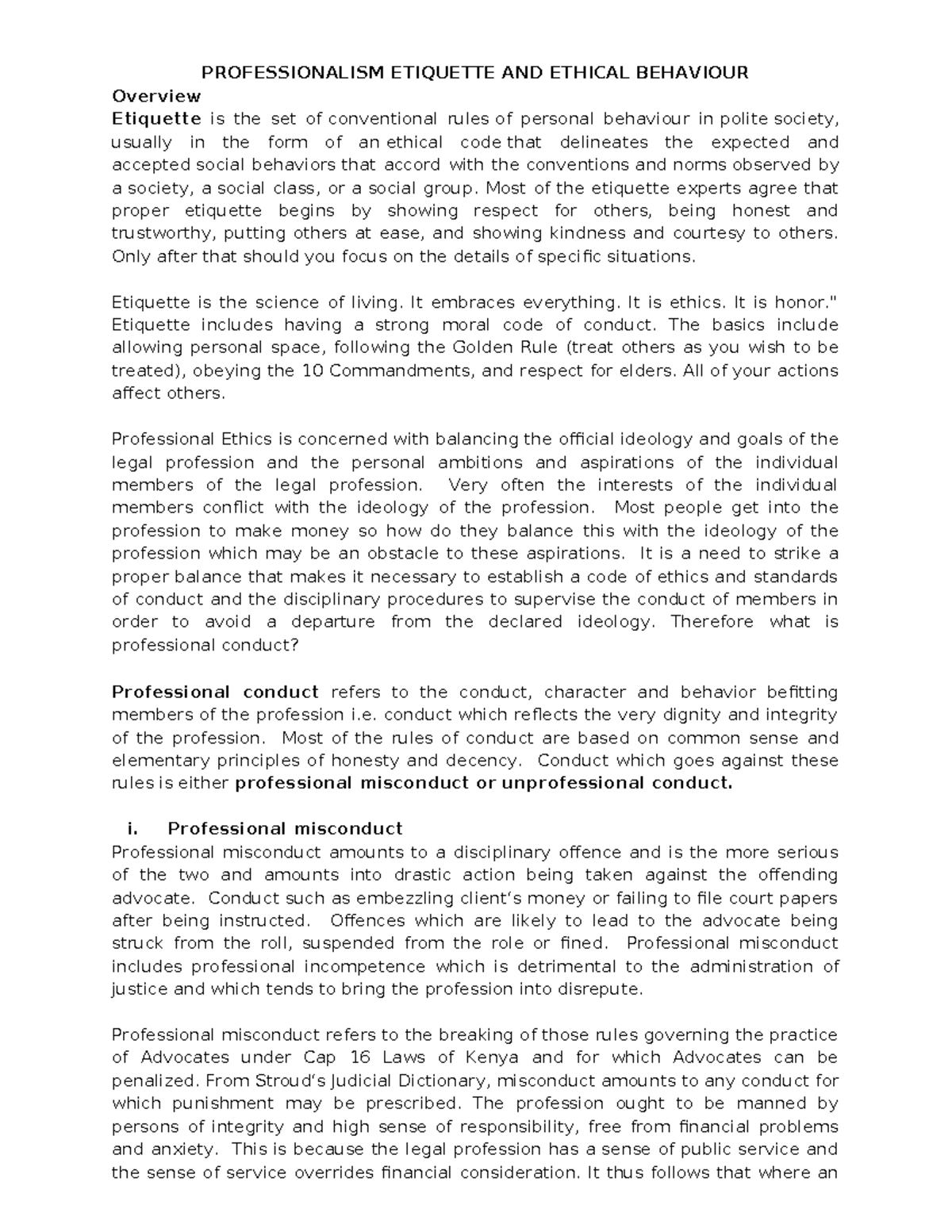 WEEK 6: Professionalism, Etiquette, and Ethical Behavior Overview - Studocu