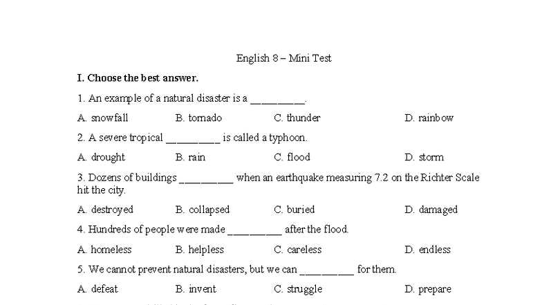 English 8 Mini Test I: Natural Disasters & Environmental Issues - Studocu