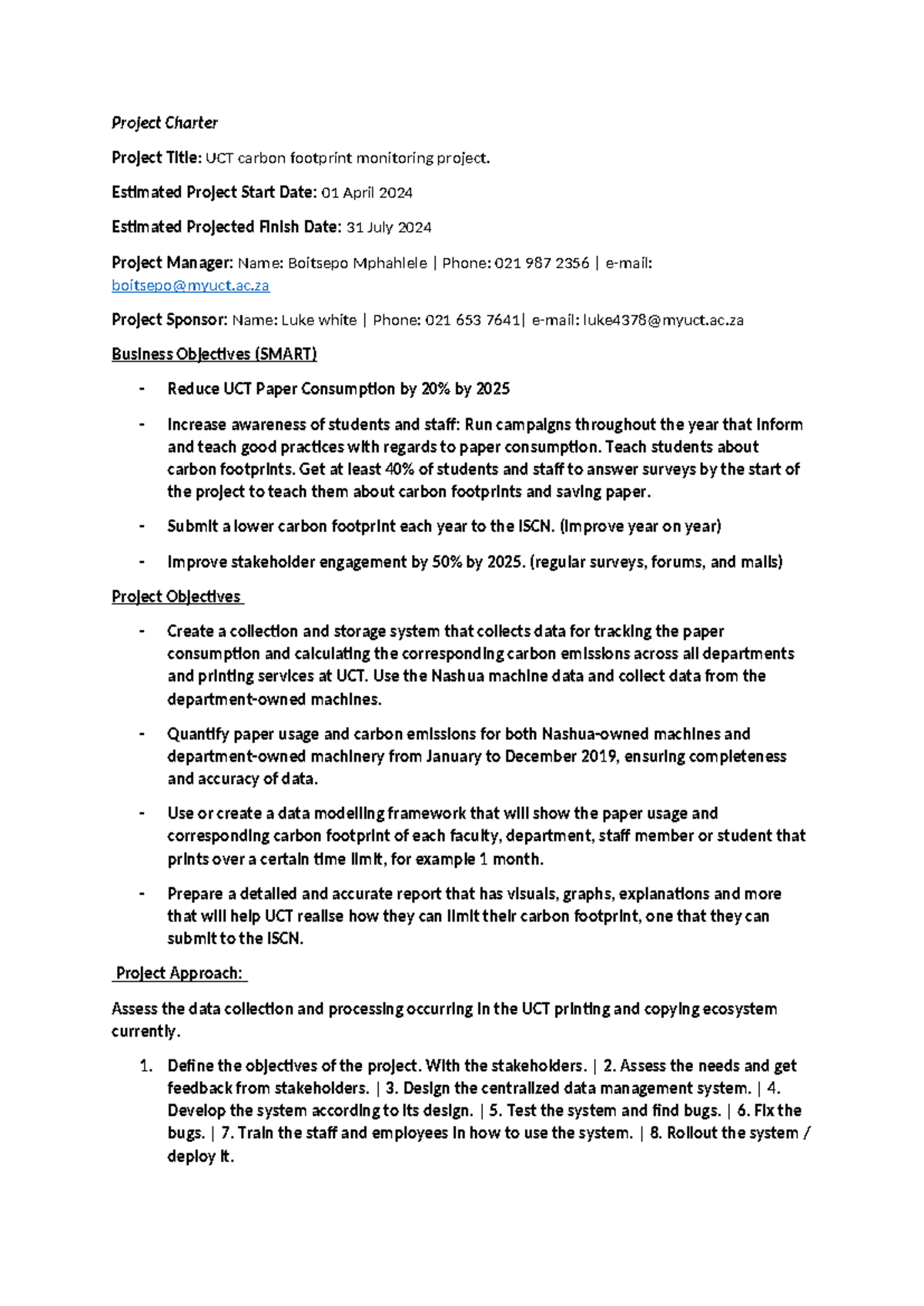 UCT Carbon Footprint Monitoring Project Charter Template - Studocu