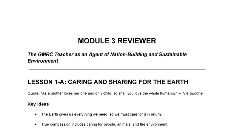 MODULE 3 REVIEWER: Caring for the Earth and Promoting Peace - Studocu