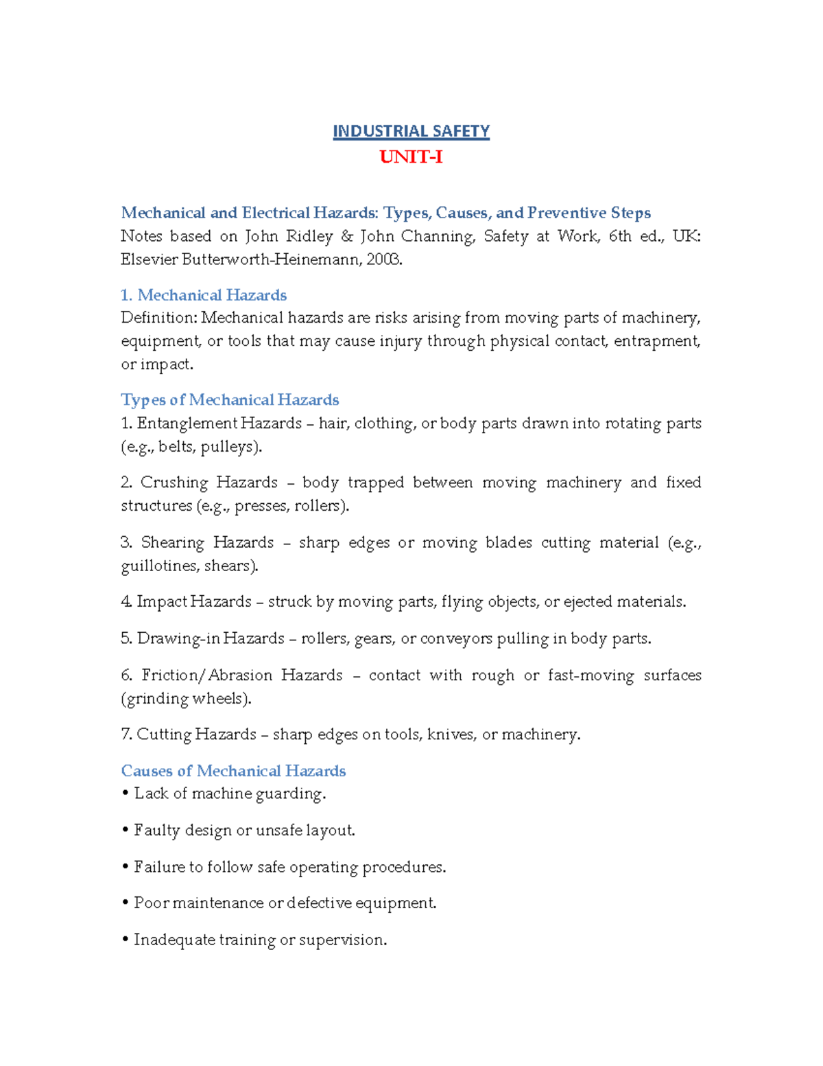 INDUSTRIAL SAFETY: Mechanical & Electrical Hazards Notes (Course Code ...