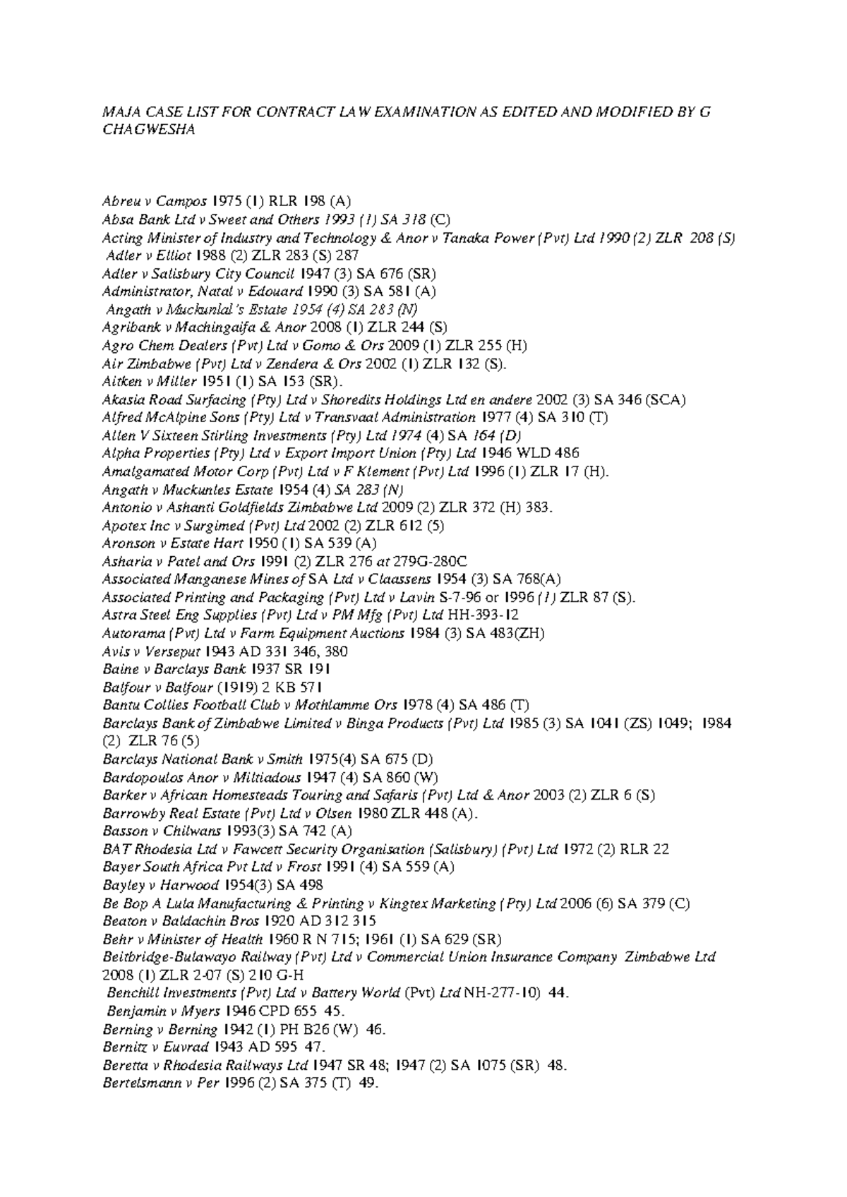 Contract Law - CASE LIST for Exam Preparation - Studocu