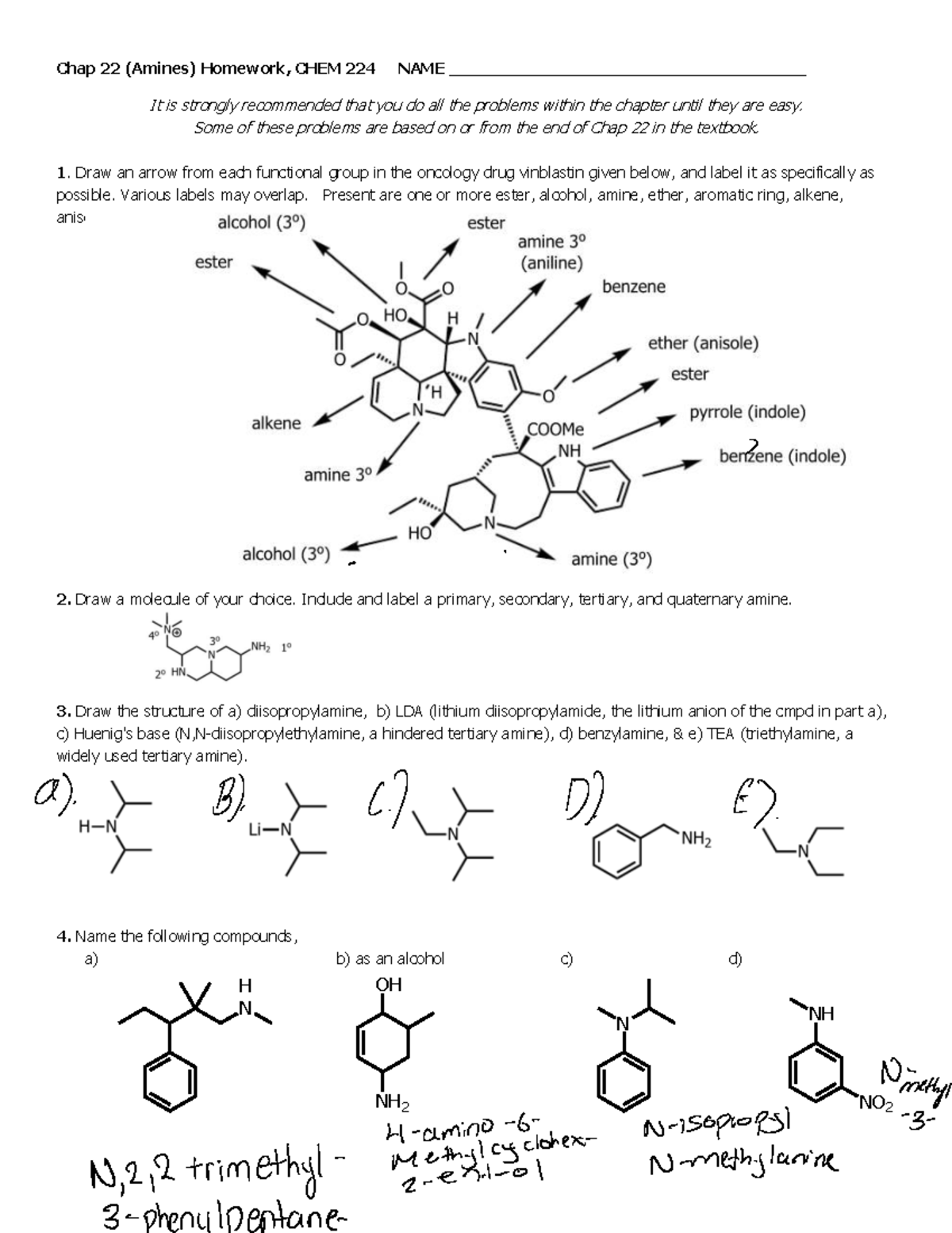 Chap 22 Amines Homework Solutions, CHEM 224 - Studocu