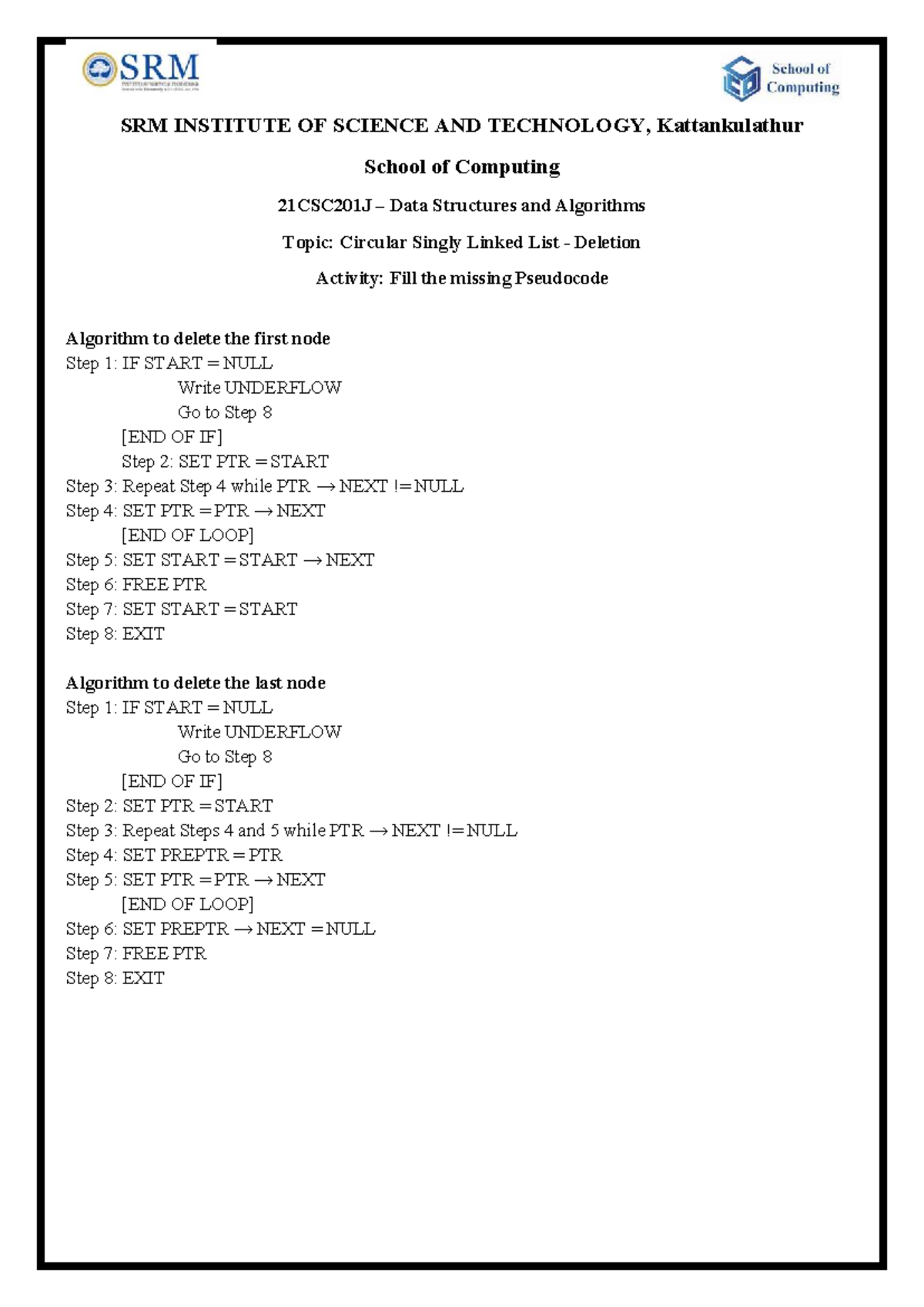 SRM 21CSC201J Data Structures: Circular Singly Linked List Deletion ...