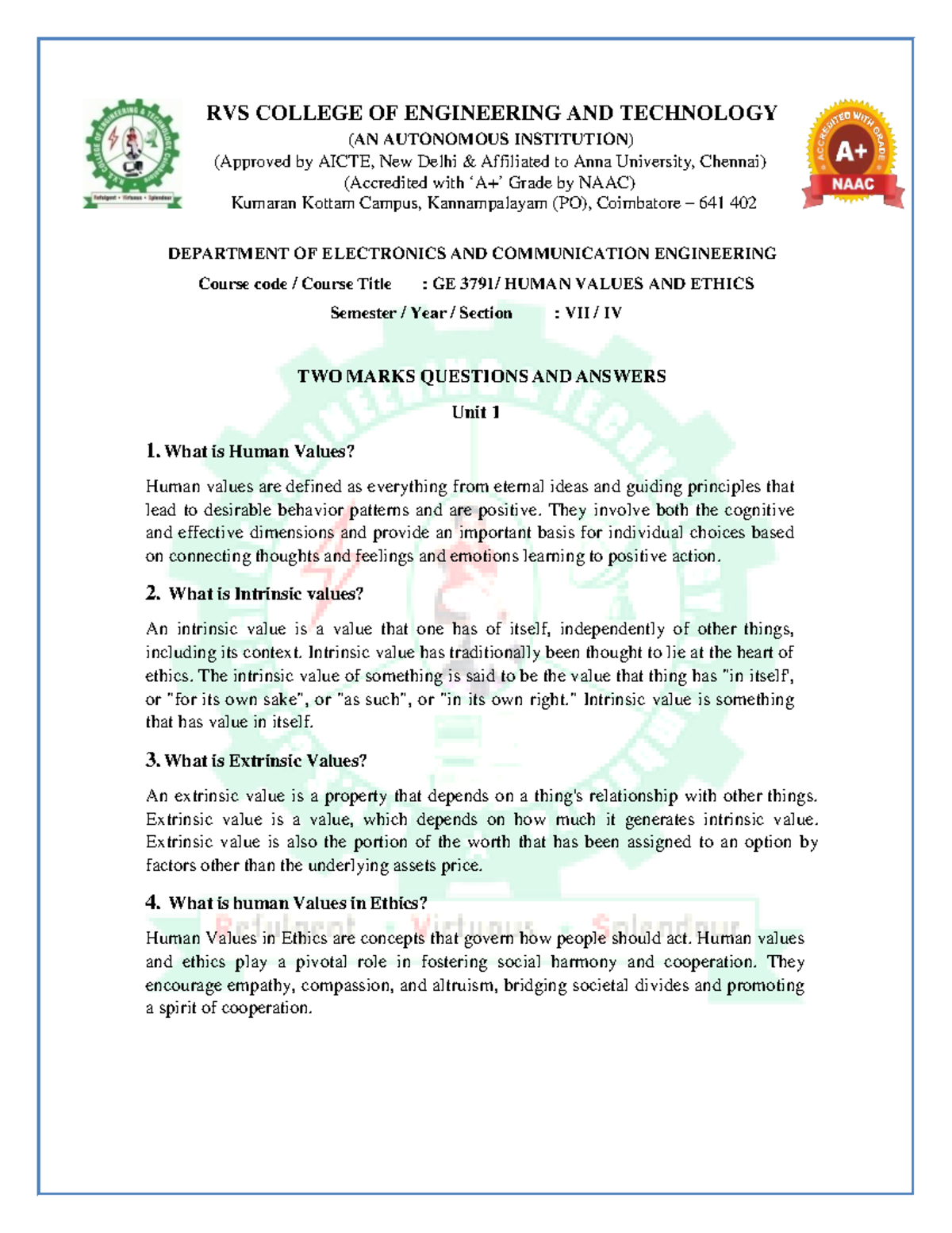 GE3791 Human Values and Ethics: Comprehensive Question Bank - Studocu