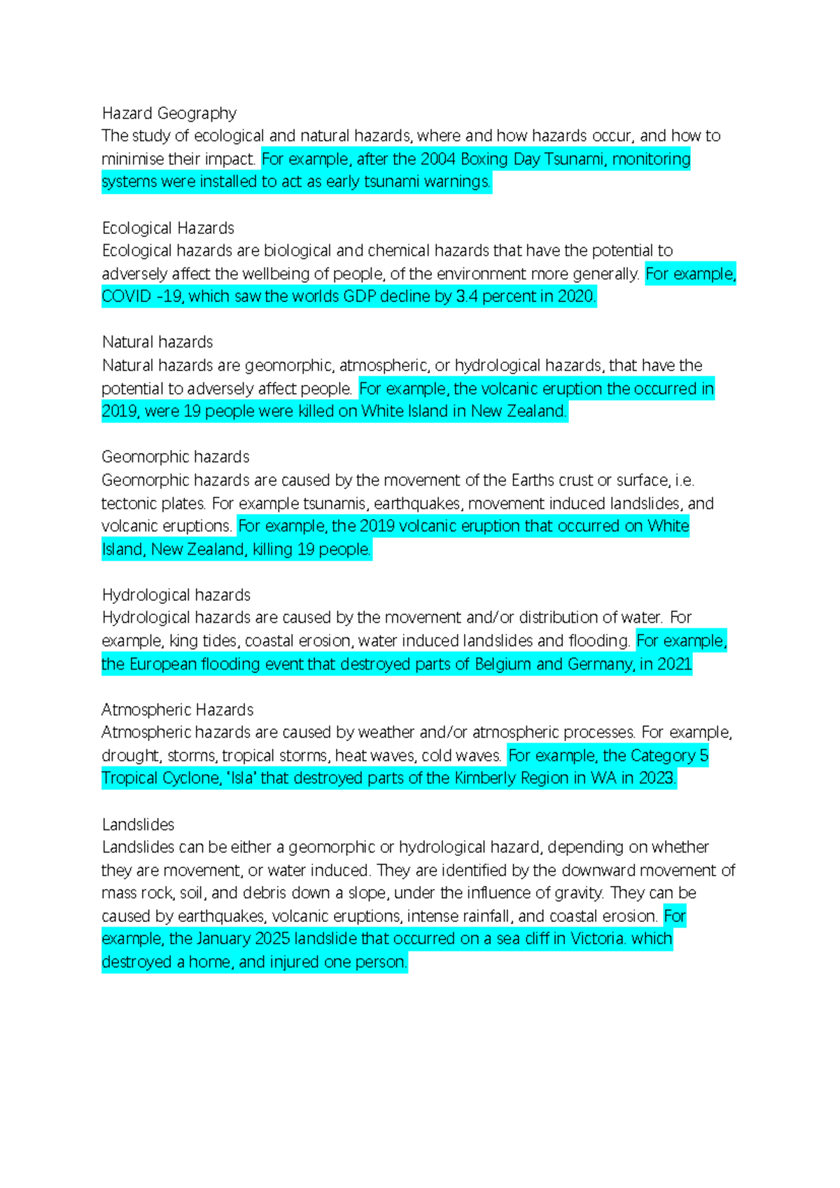 Geography Unit 1 Hazard Overview SP1-6: Types and Management of Hazards ...