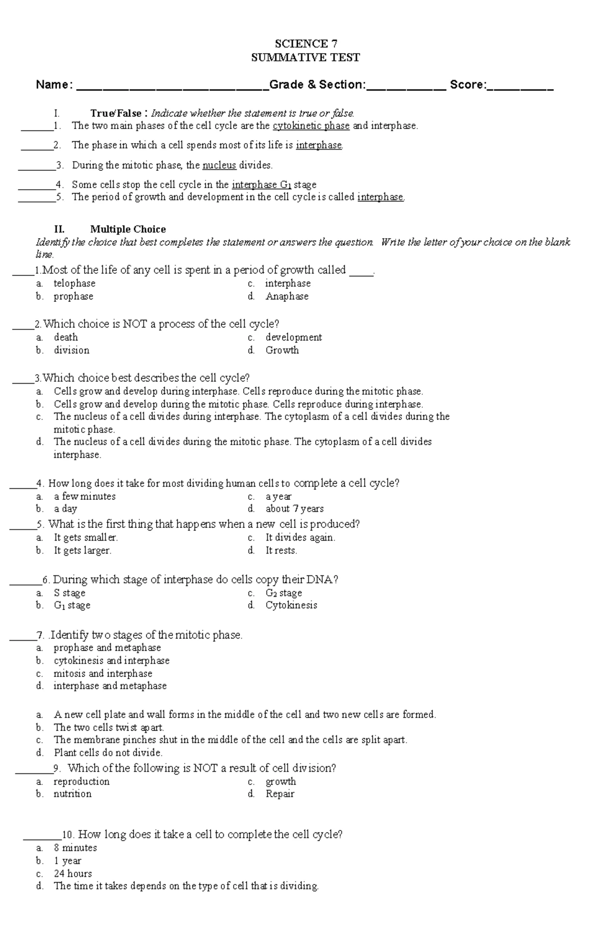 DLL S8LT-IVd-16 Cell Division Lesson Plan for Grade 7 Science - Studocu