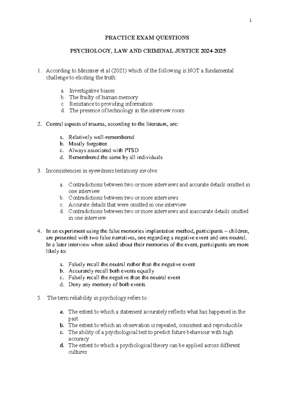 Practice Exam - PSYCHOLOGY LAW & CRIMINAL JUSTICE 2024-25 - Studocu