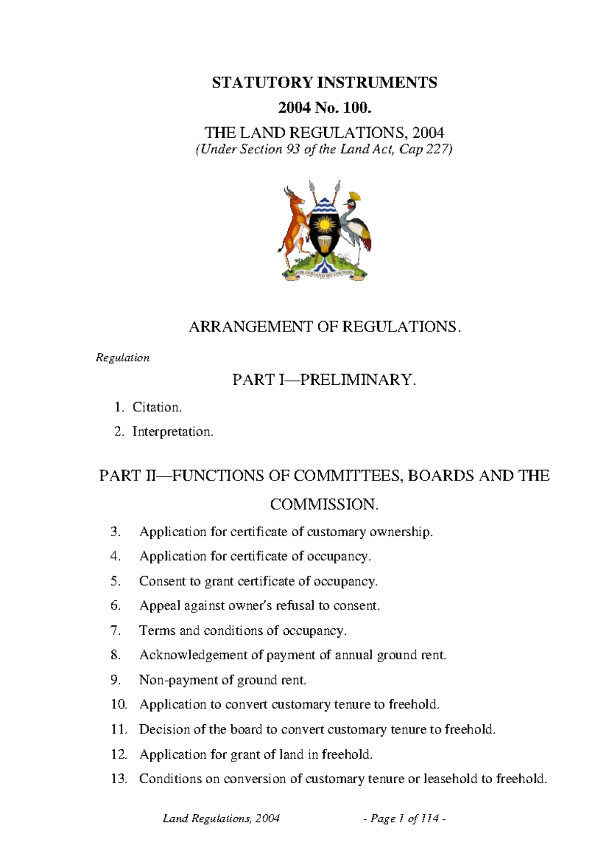 Land Regulations 2004: Statutory Instruments No. 100 Overview - Studocu