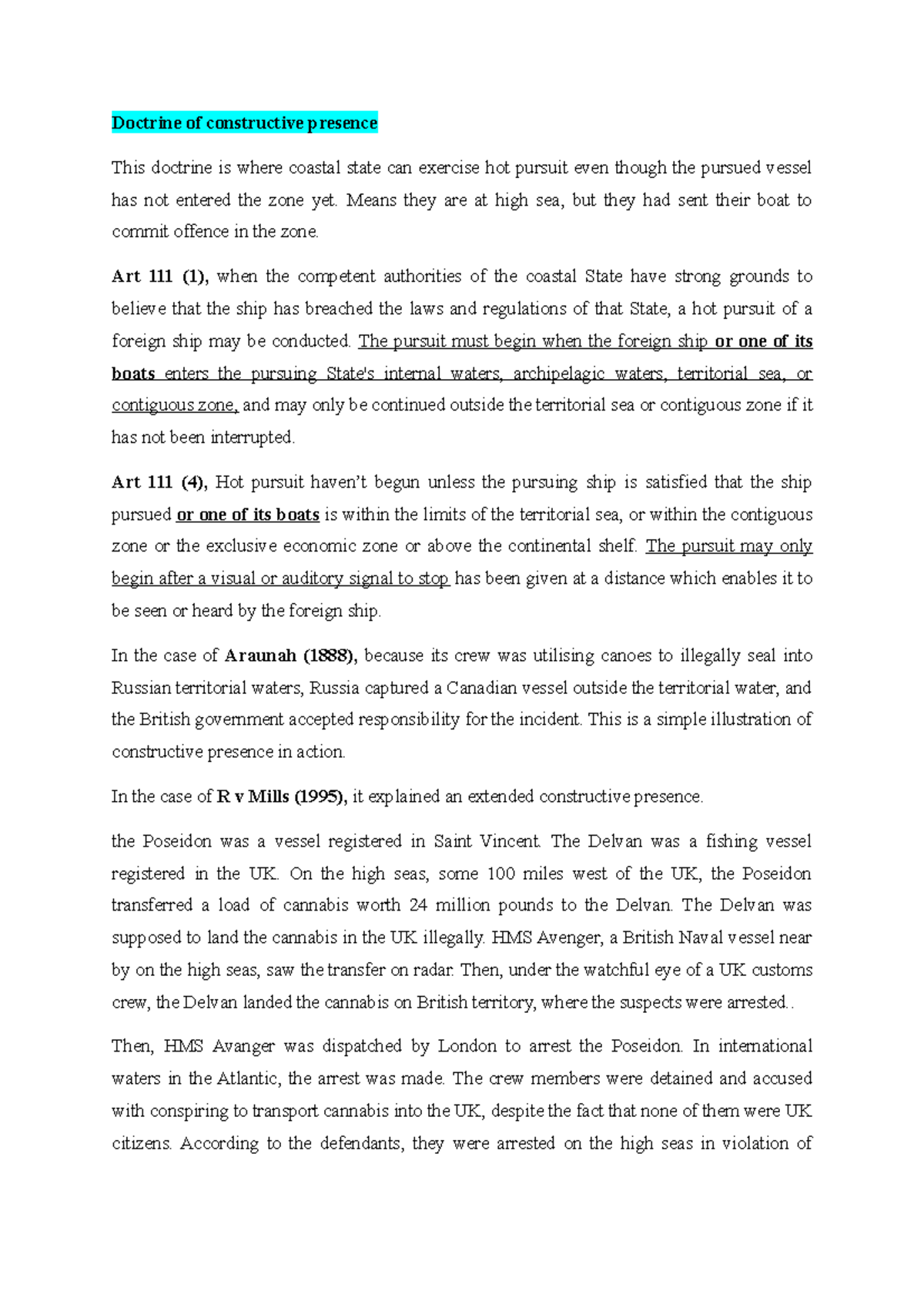 Constructive Presence Doctrine: Hot Pursuit and International Law Essay ...