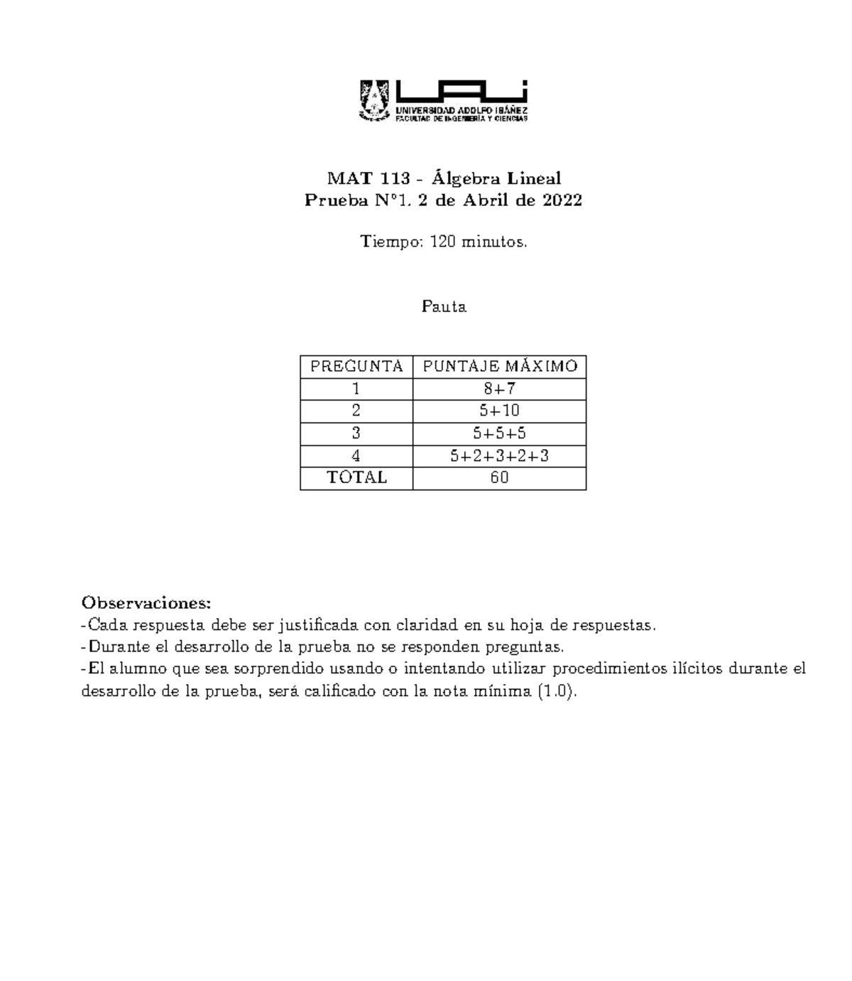 MAT 113 Álgebra Lineal - Pauta Prueba 1 (2 de Abril 2022) - Studocu