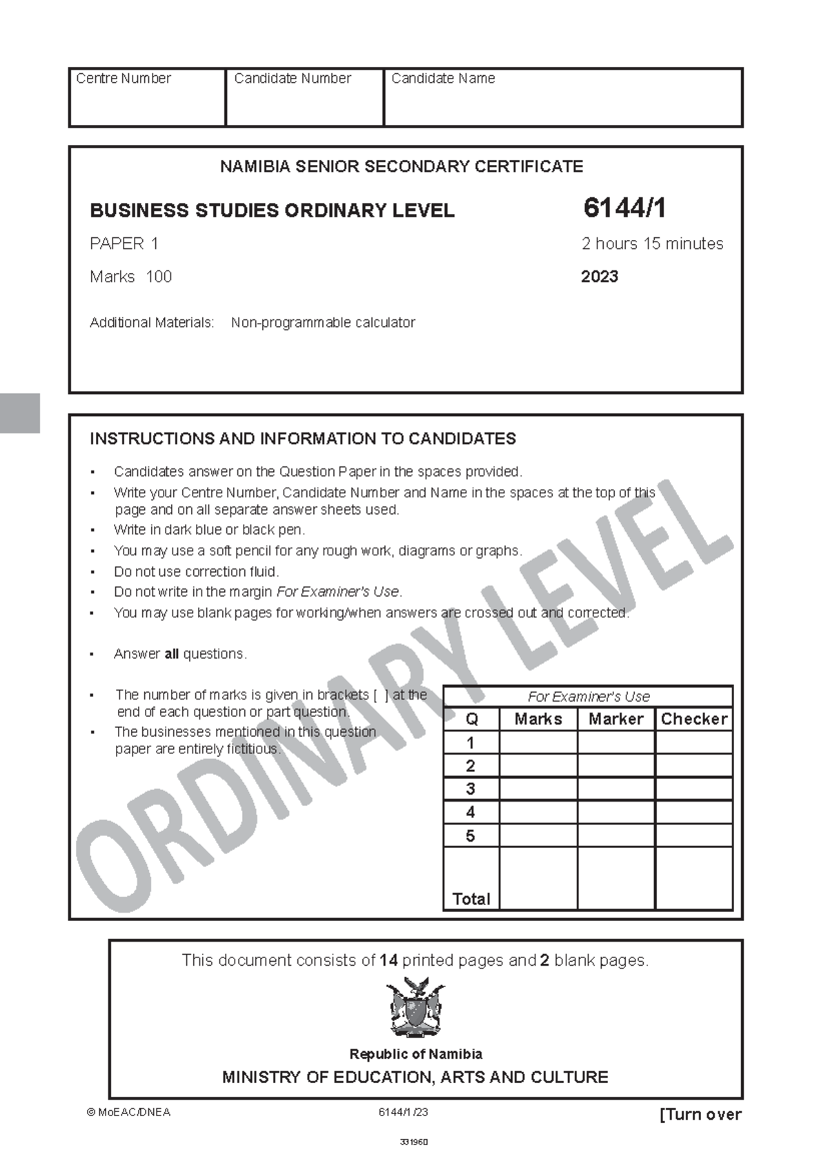 NSSC Business Studies O Level Paper 1 6144 - 2023 Exam Guide - Studocu