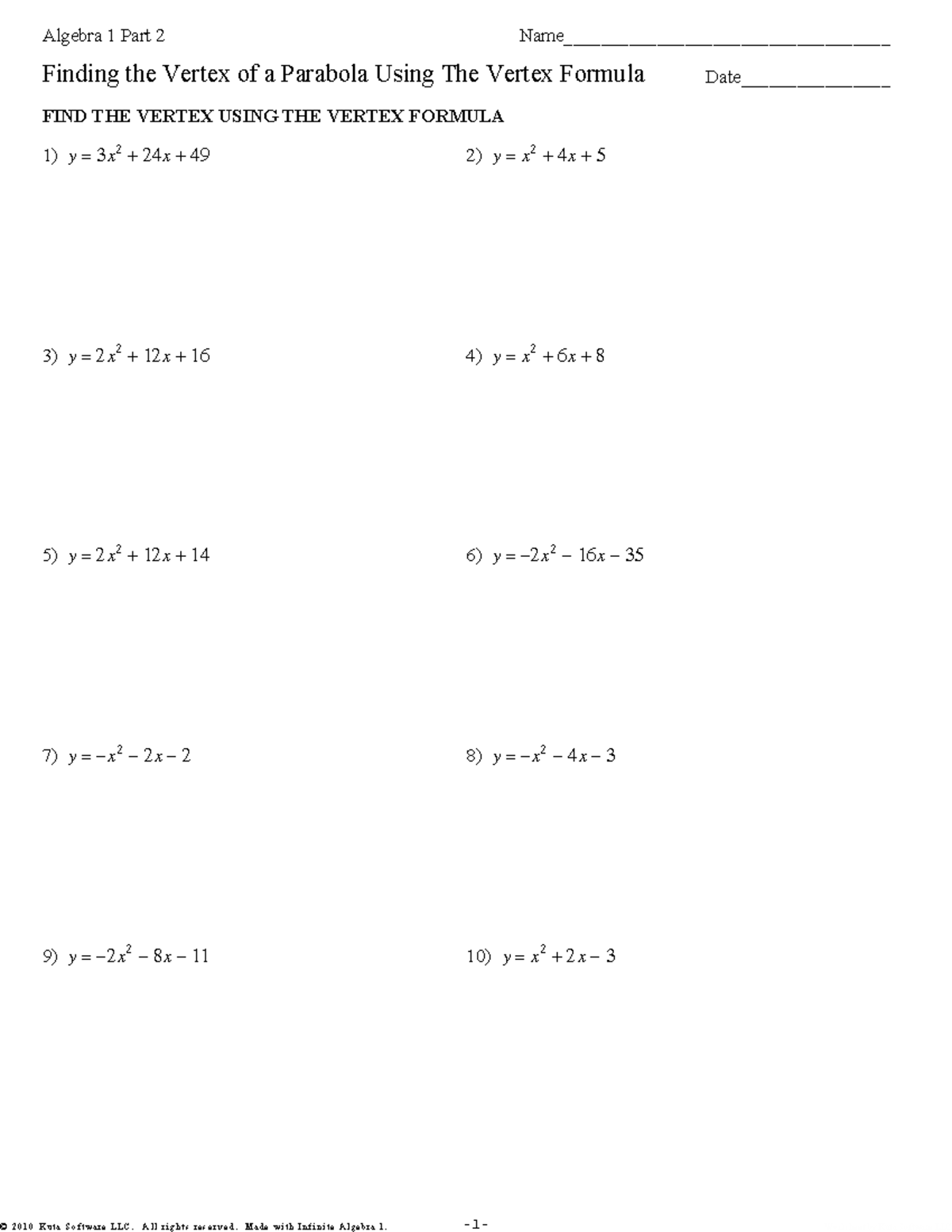 Algebra 1 (Part 2) - Finding the Vertex of a Parabola Worksheet - Studocu