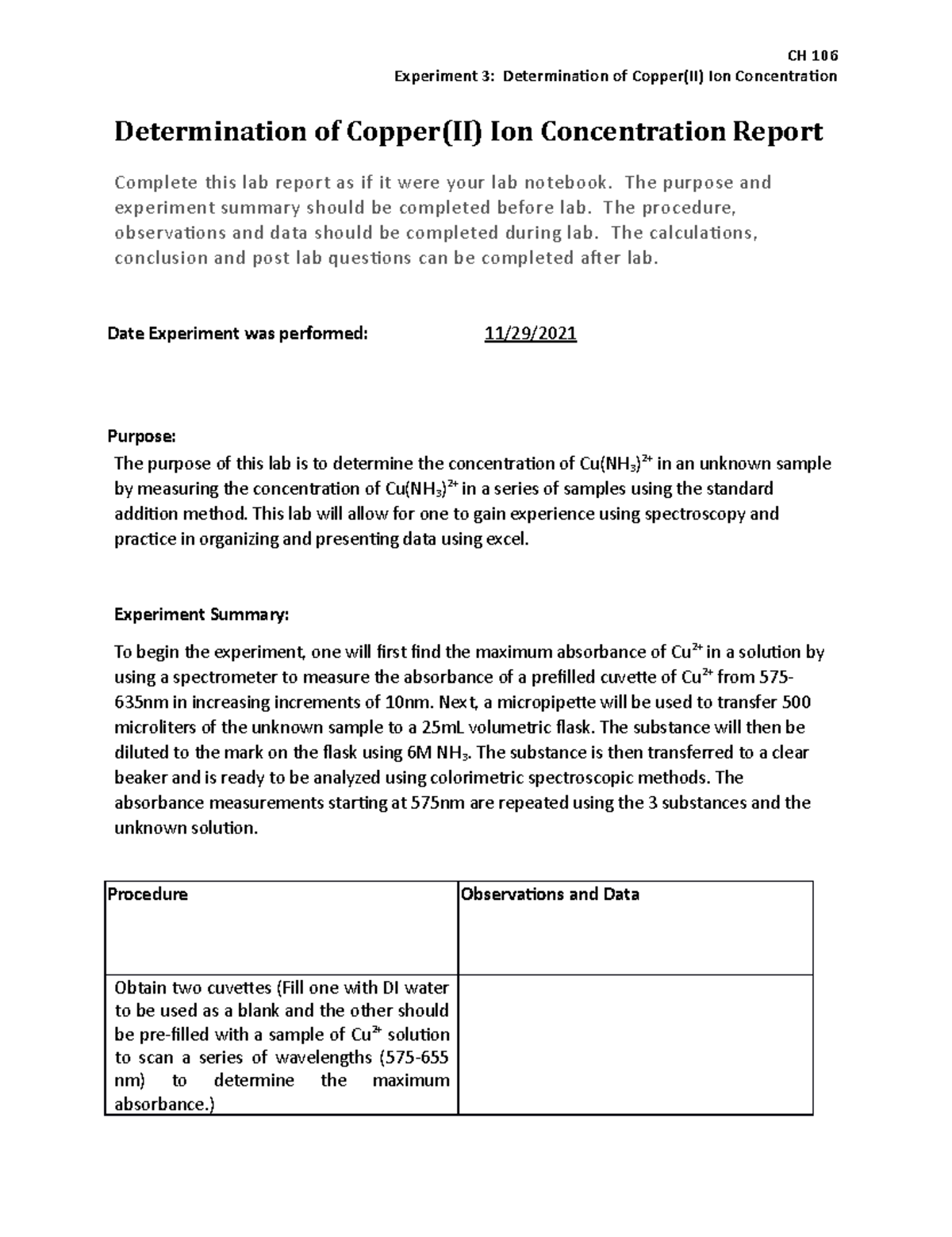 Experiment 3: Copper(II) Ion Concentration Analysis Report - Studocu
