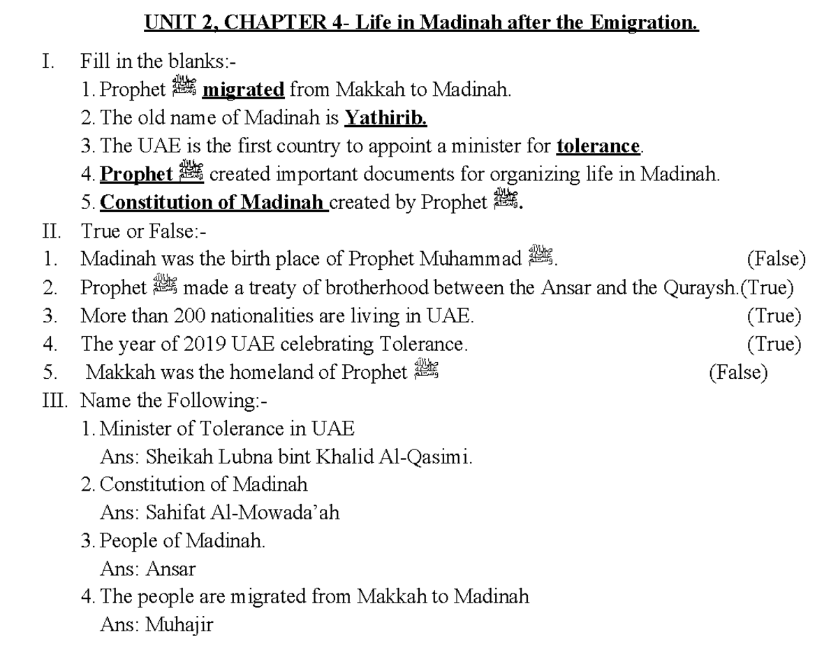 Unit 2, Chapter 4: Life in Madinah Post-Emigration Insights - Studocu