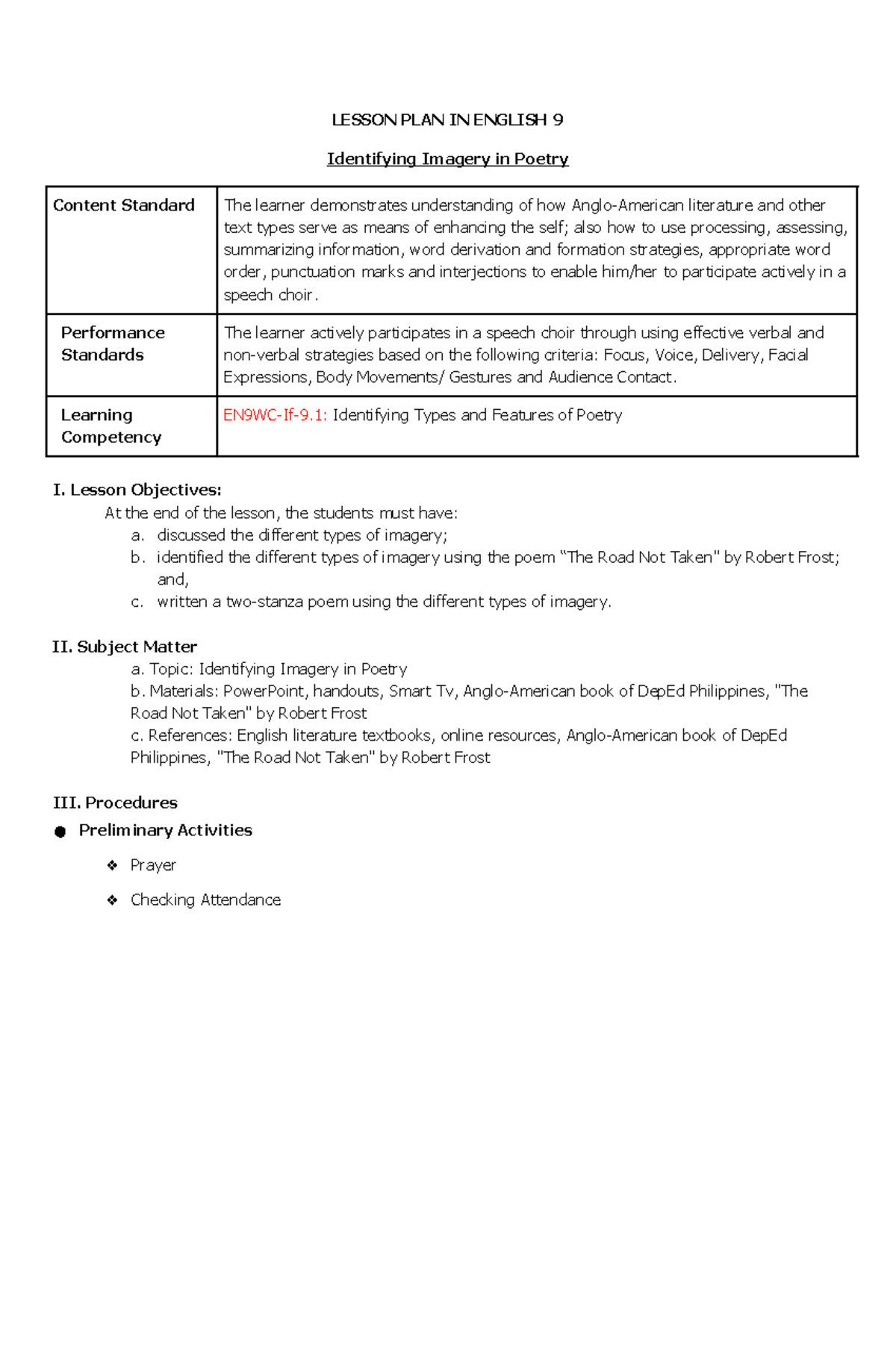 EN9 Lesson Plan: Identifying Imagery in Poetry and Its Types - Studocu