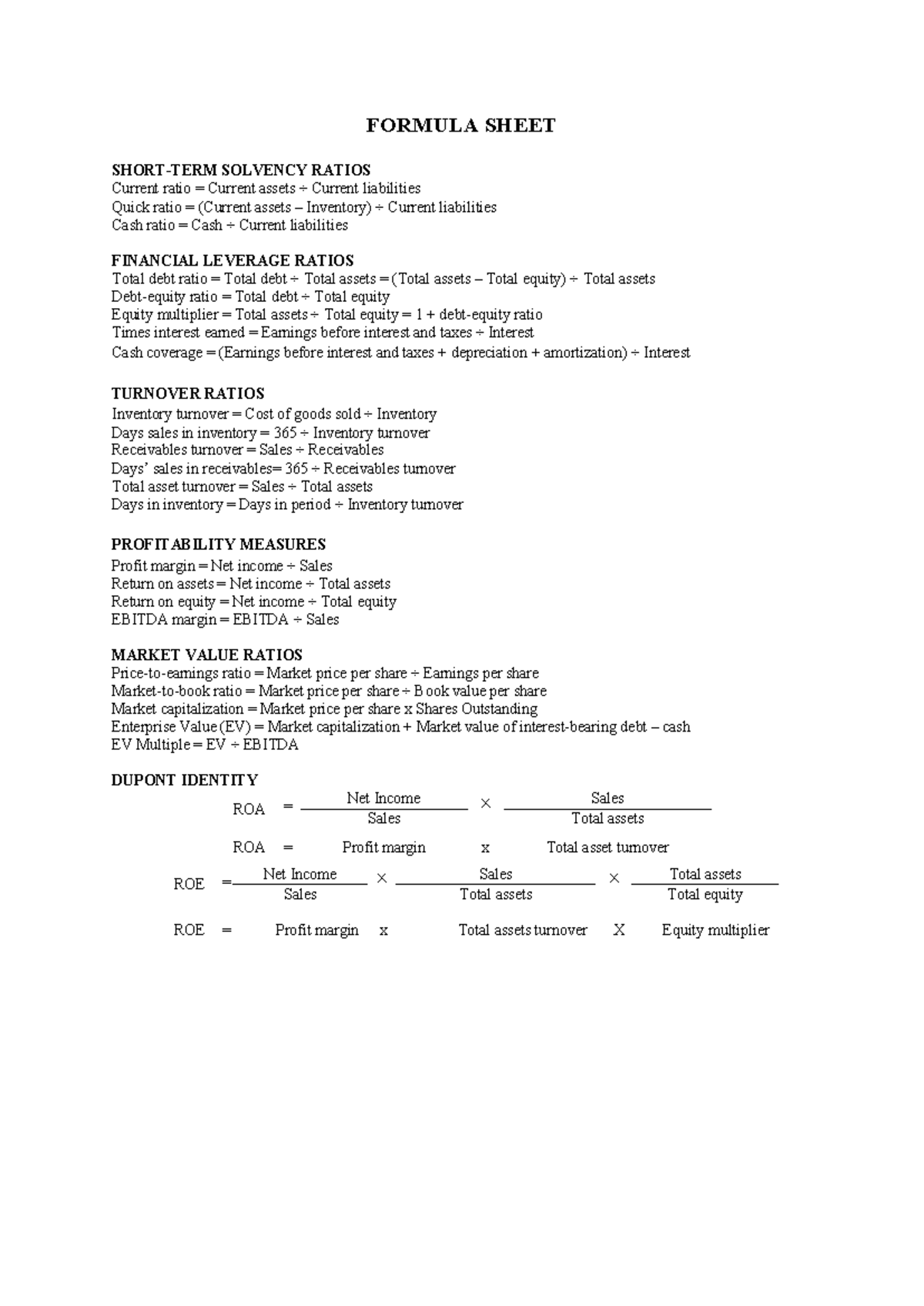 Corporate Finance Formula Sheet: Key Ratios & Valuation Methods - Studocu