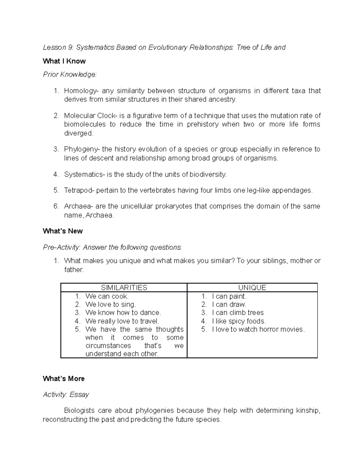 Lesson 9 Systematics Based ON Evolutionary Relationships - Lesson 9 ...