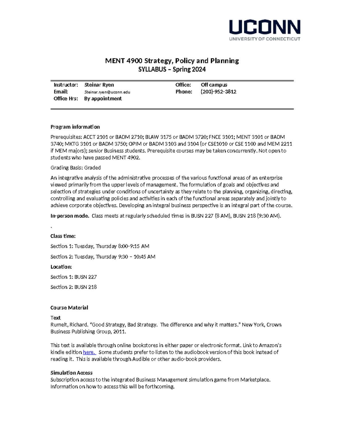 240117 MENT4900 Spring 2024 Course Syllabus - Strategy & Planning - Studocu