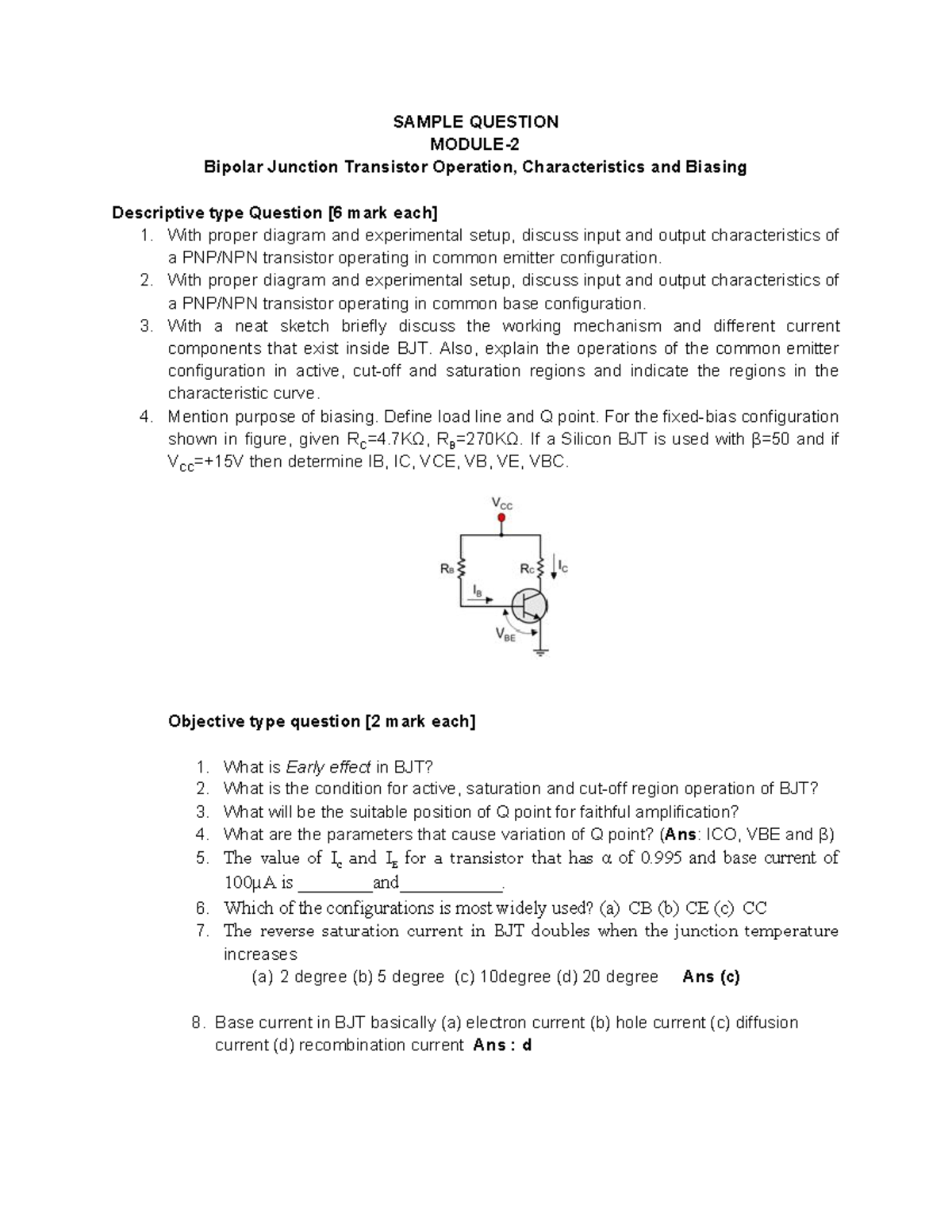 Sample Question Module-2 - SAMPLE QUESTION MODULE- Bipolar Junction ...