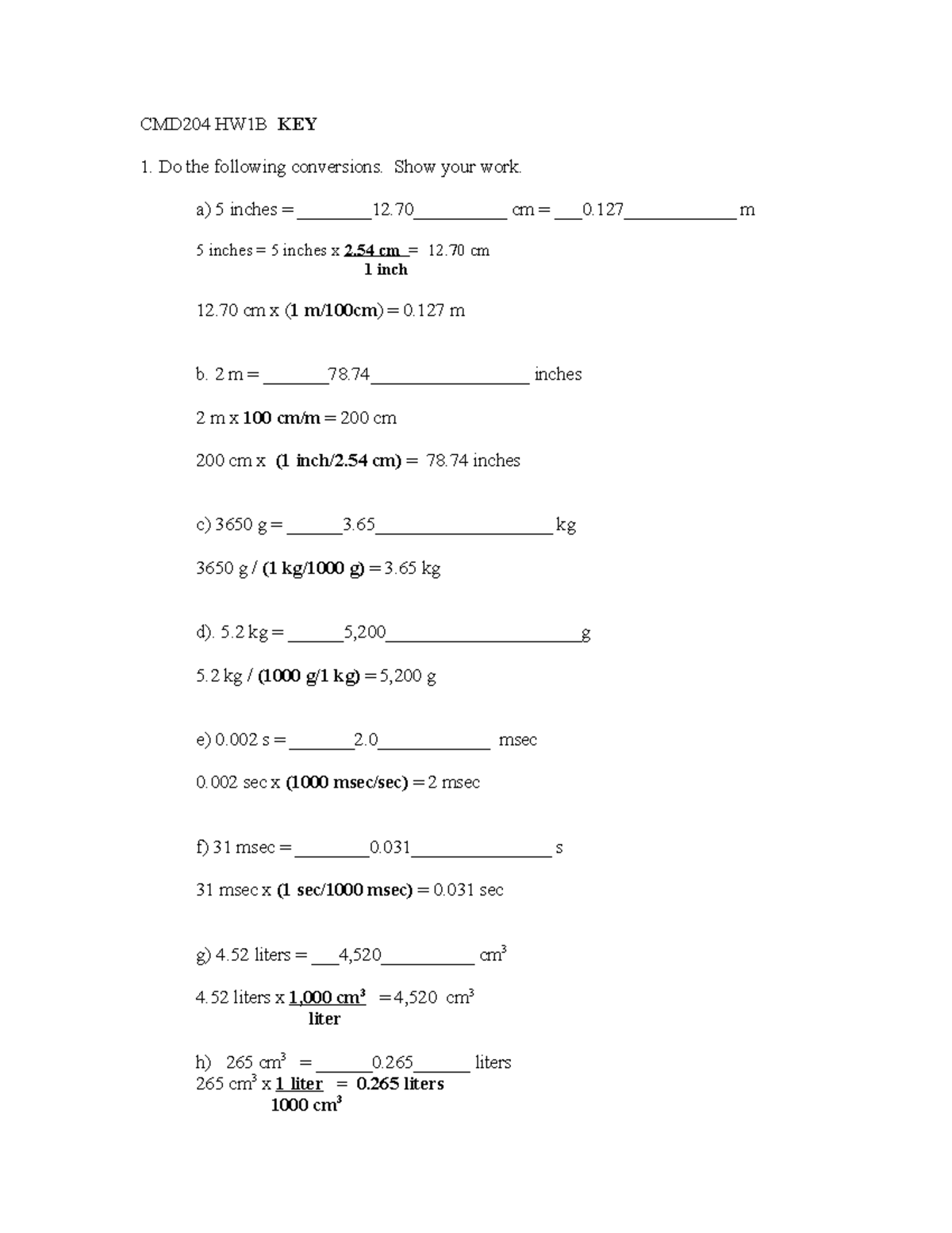 CMD204 HW1B Key - Unit 1 Conversion & Measurement Answers - Studocu