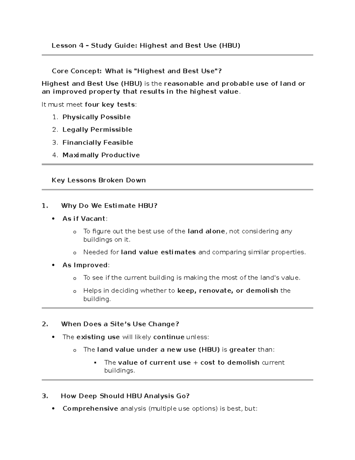 BUSI 330 Lesson 4 Study Guide: Understanding Highest and Best Use (HBU ...