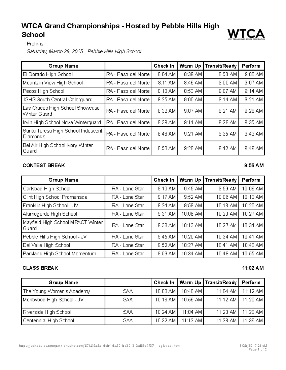WTCA Grand Championships 2025: Prelims Logistics at Pebble Hills HS ...