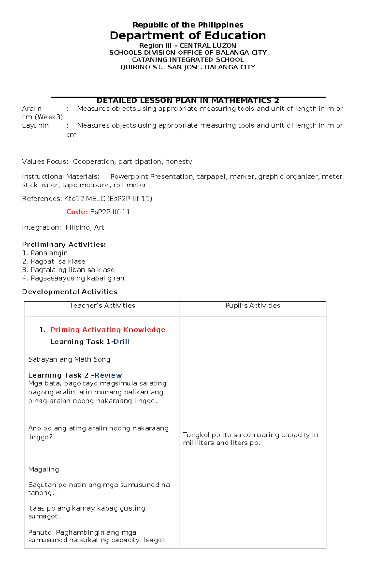Detailed Lesson Plan: Measuring Lengths in Mathematics 2 - Studocu