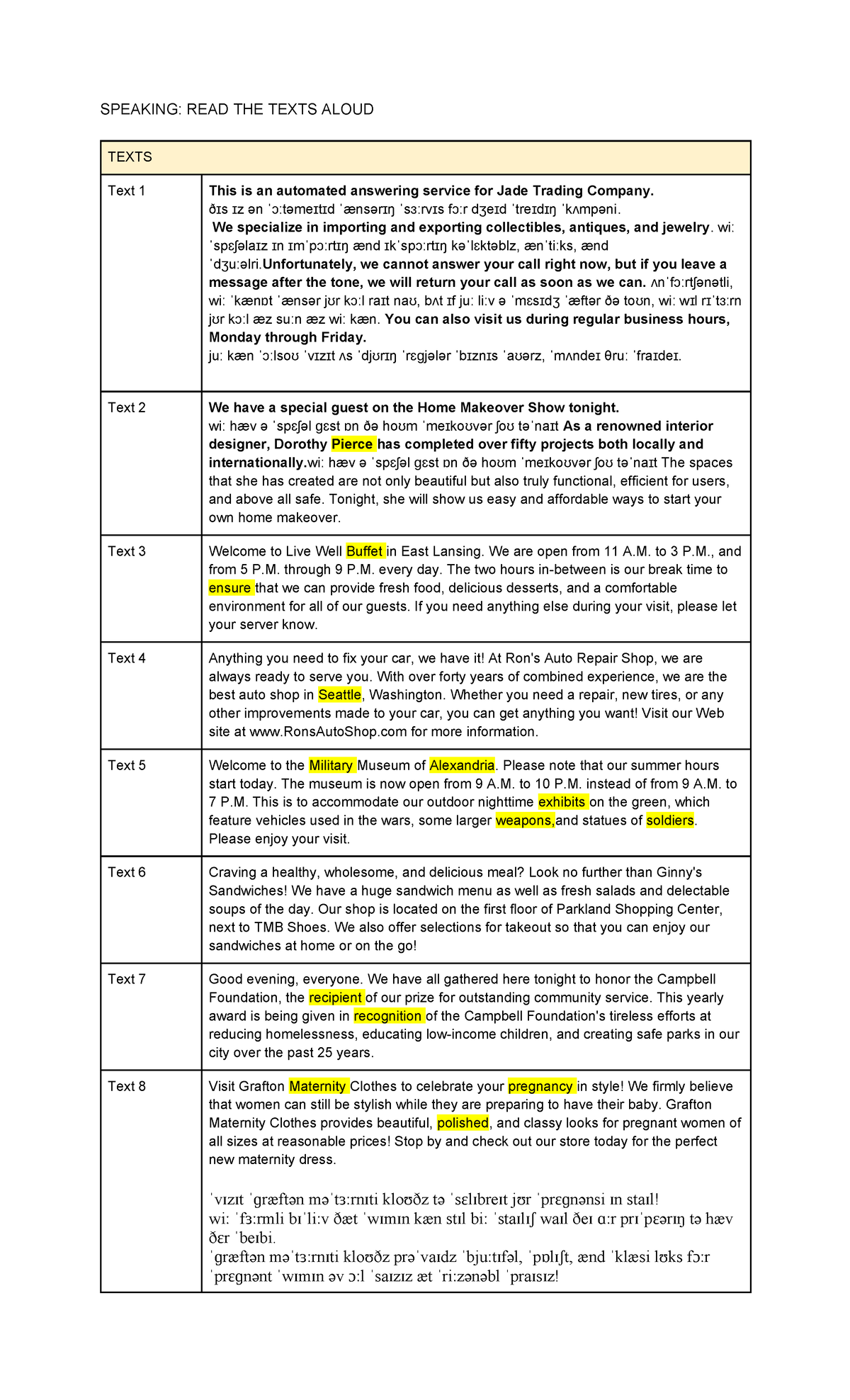 SPEAKING: TEXTS ALOUD PRACTICE FOR TANC1 - Studocu